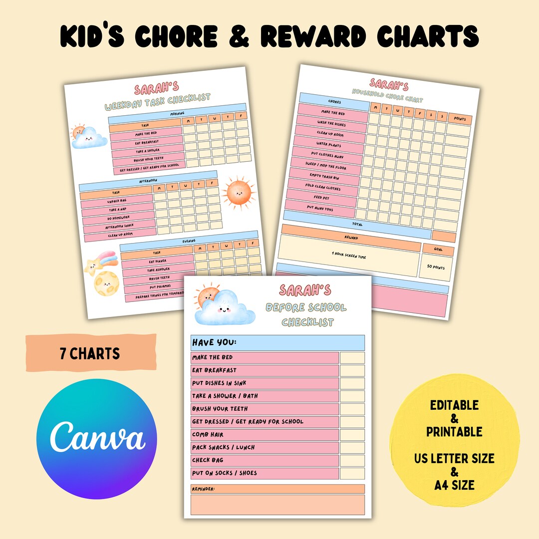 Kids Chore Chart, Reward Chart, Daily Checklist, Editable Chore Chart ...