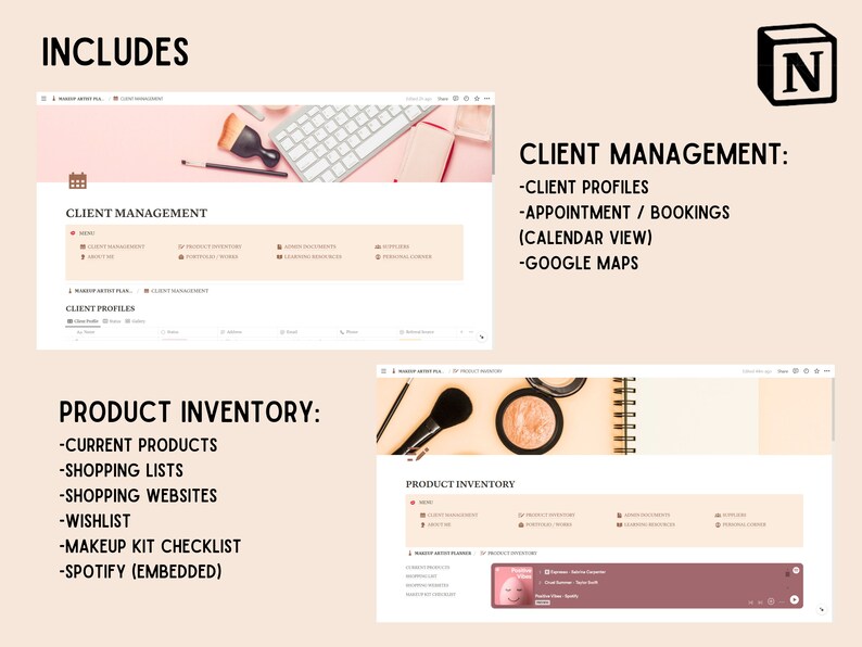 Makeup Artist, Notion Template, Aesthetic Notion Template, Business ...