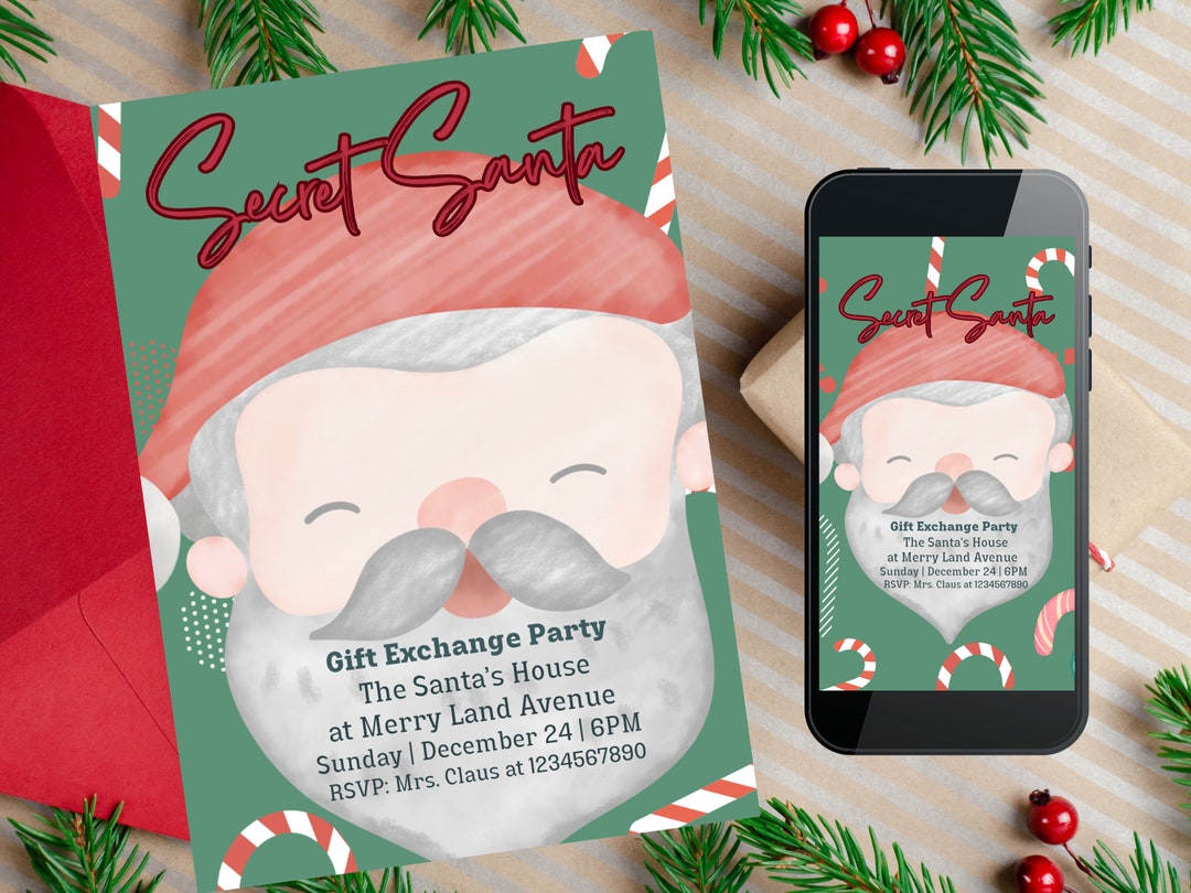 Editable Secret Santa Gift Exchange Christmas Party Invitation ...