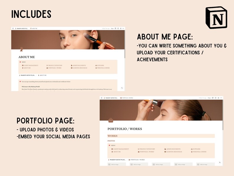 Makeup Artist, Notion Template, Aesthetic Notion Template, Business ...
