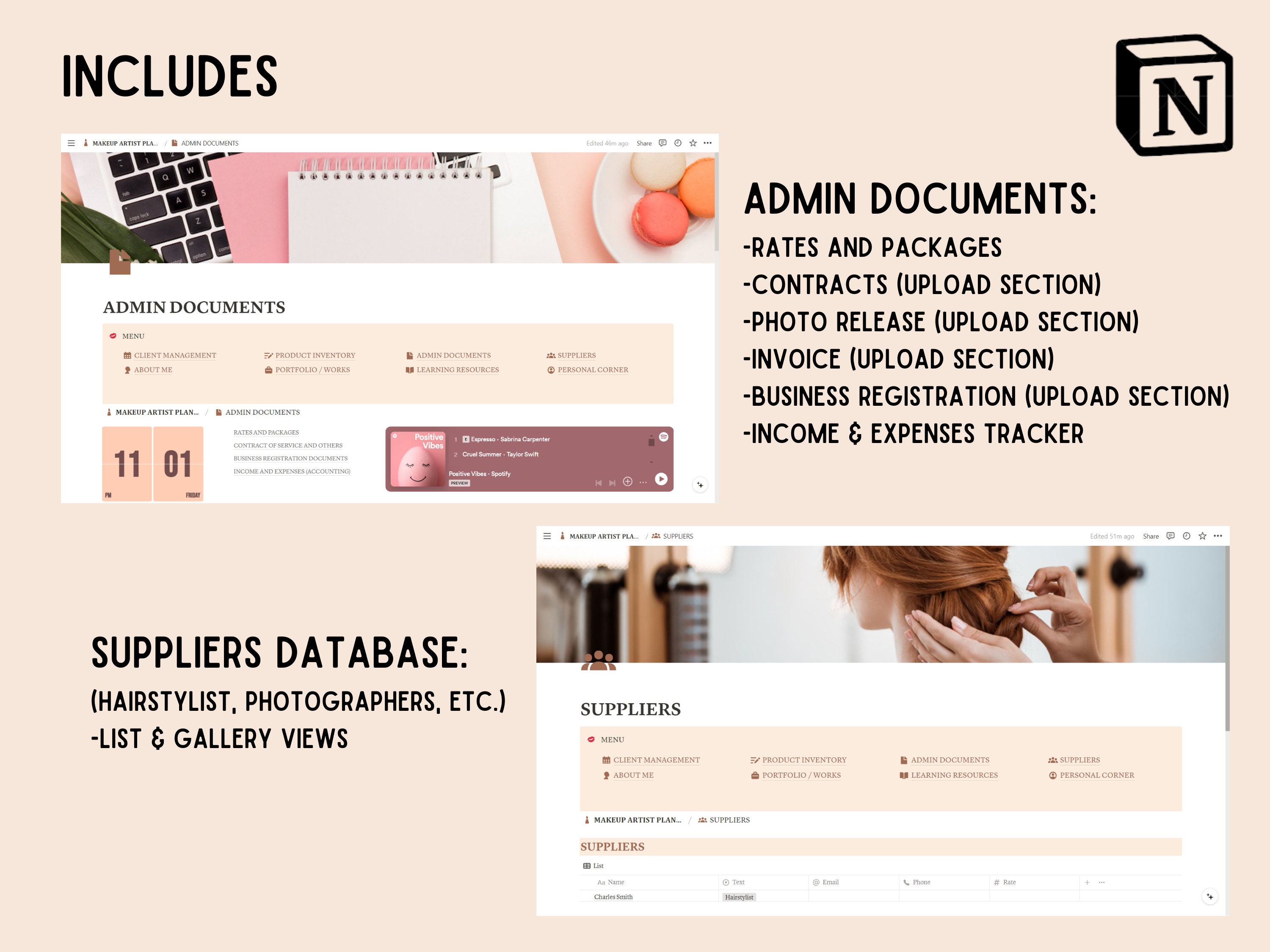 Makeup Artist, Notion Template, Aesthetic Notion Template, Business ...