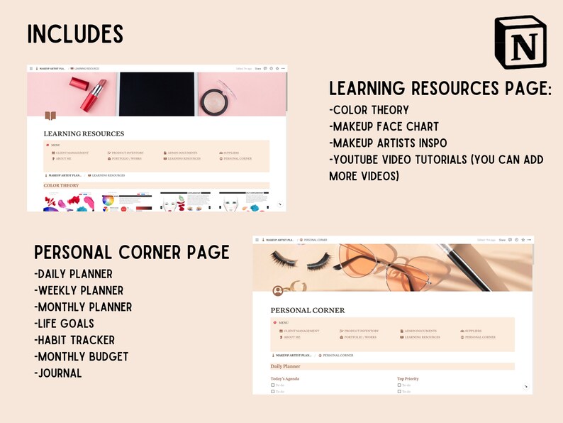 Makeup Artist, Notion Template, Aesthetic Notion Template, Business ...