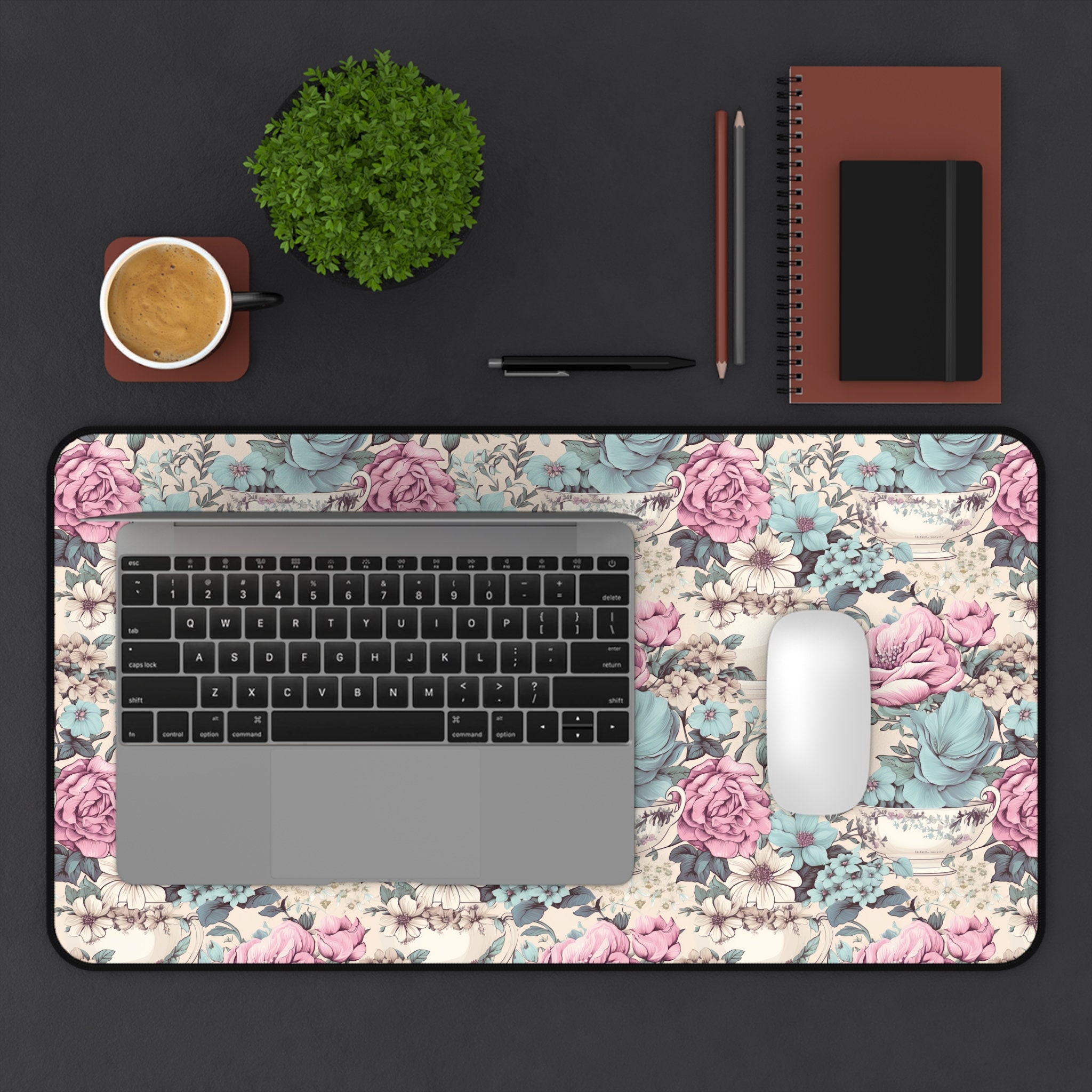 Vintage Pastel Tea Cup Desk Mat Cute Floral Office Accessory Nature ...