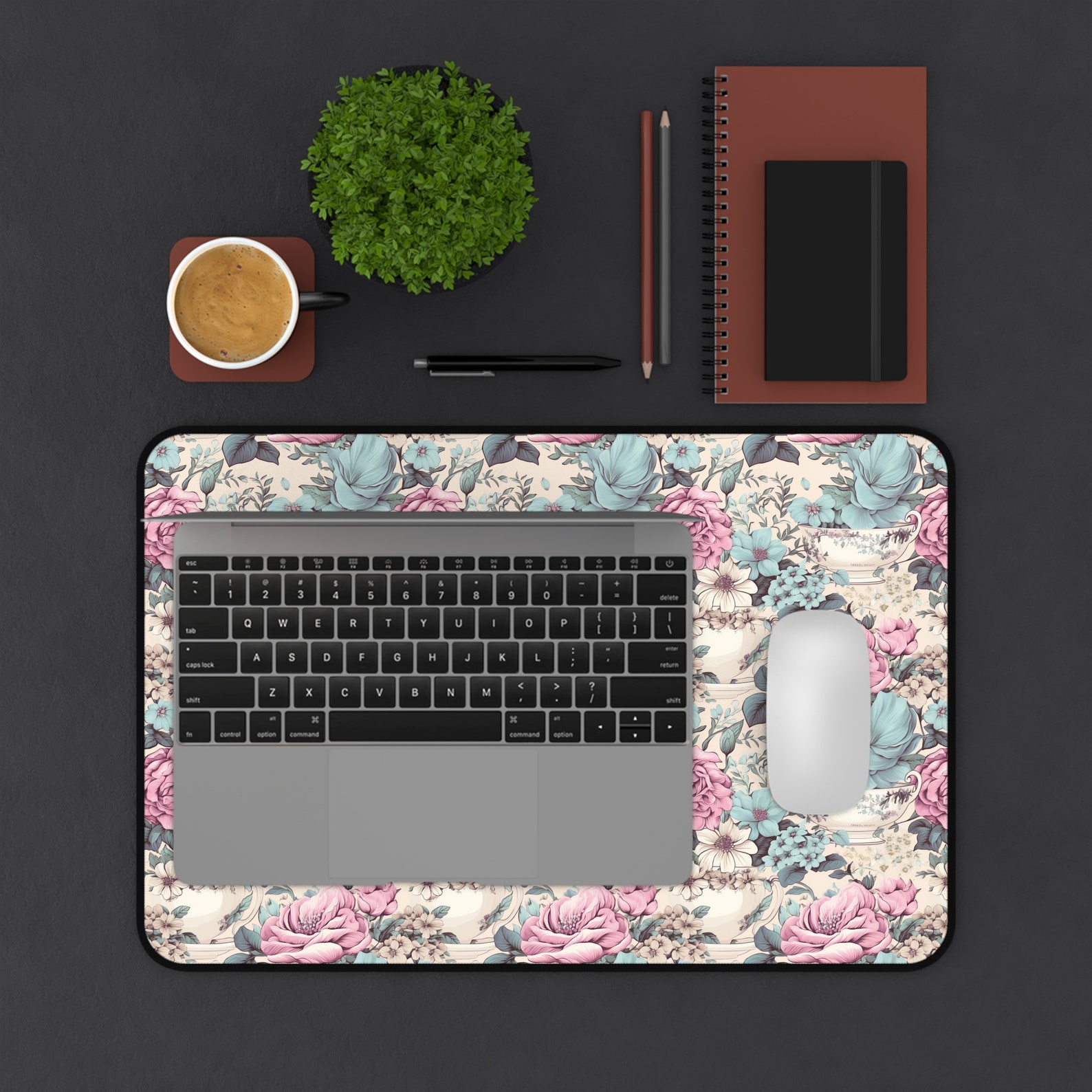 Vintage Pastel Tea Cup Desk Mat Cute Floral Office Accessory Nature ...