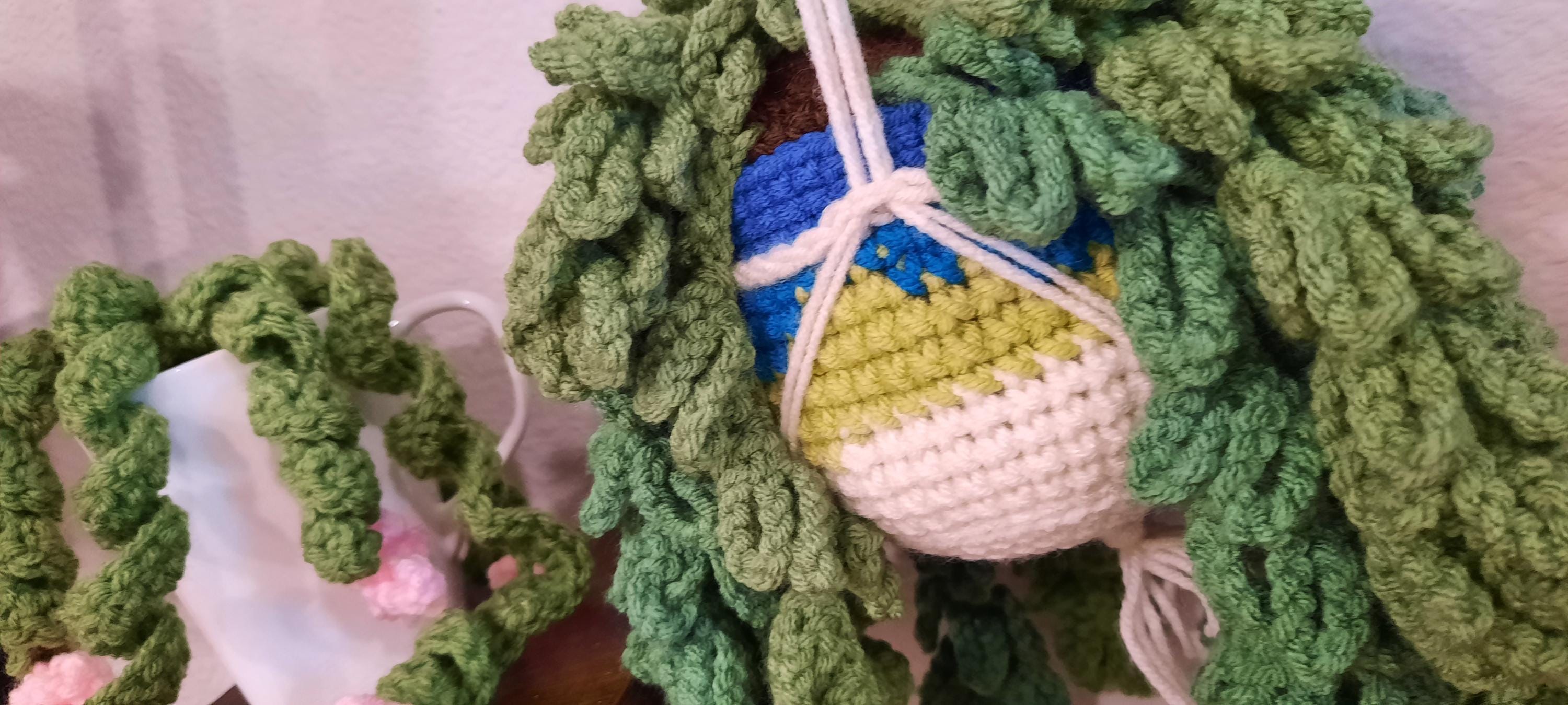 Large Crocheted Hanging Plant - Long Green Vines in Hand Glazed Style ...