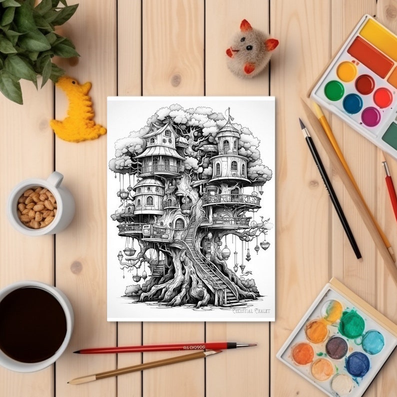 Timberspire Grayscale Coloring Pages – Magical Treehouse Adventure ...