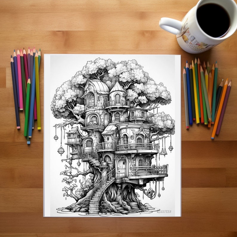 Timberspire Grayscale Coloring Pages – Magical Treehouse Adventure ...