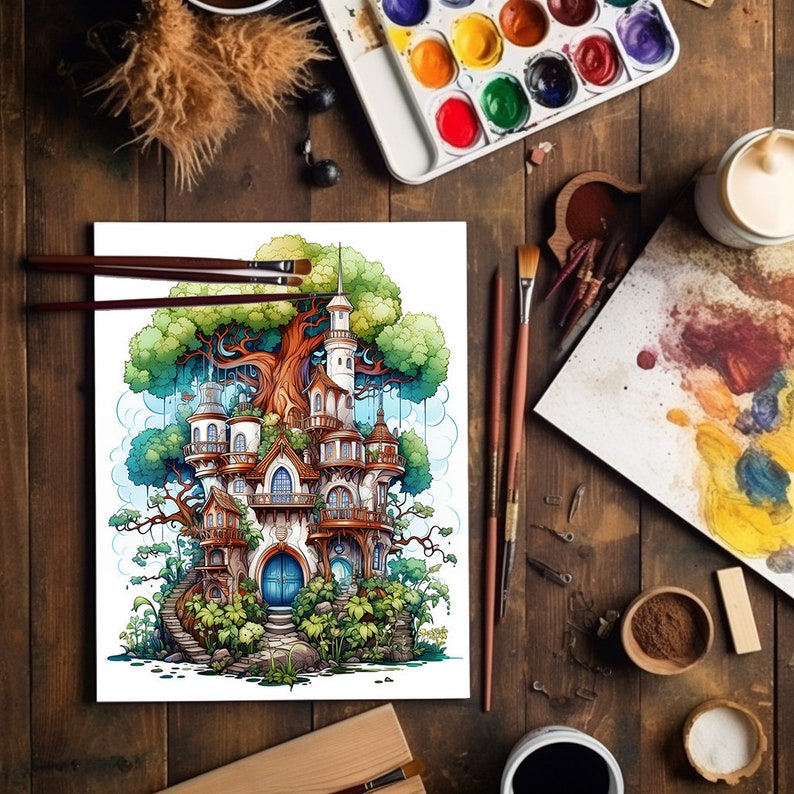 Timberspire Grayscale Coloring Pages – Magical Treehouse Adventure ...