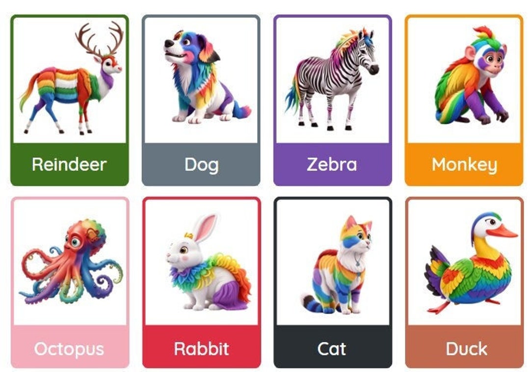 Flash Cards for Kids. Animals Rainbow Style. Koala Panda Owl Bat ...