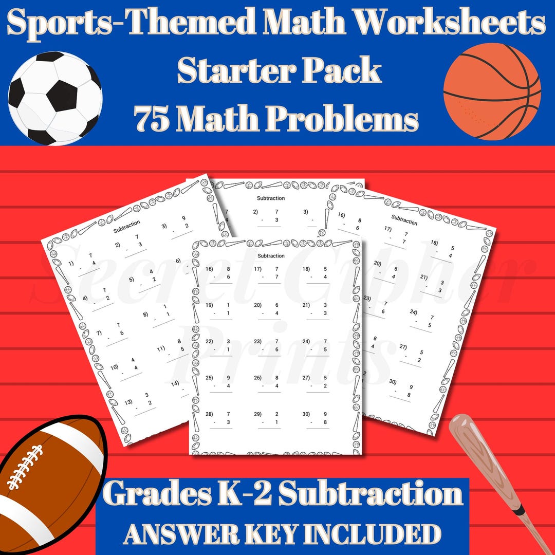 Engaging Math Worksheets for Grades K-2: Sports-themed Subtraction 75 ...