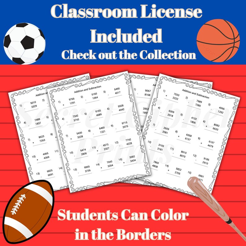 Sports Math Worksheets Grades 4, 5 and 6 | 6000 Addition and ...