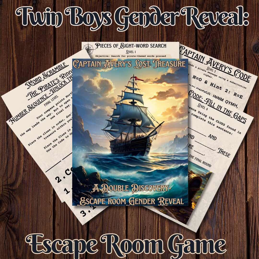 Escape Room: Captain's Adventure Twin Boys Gender Reveal Game Printable ...