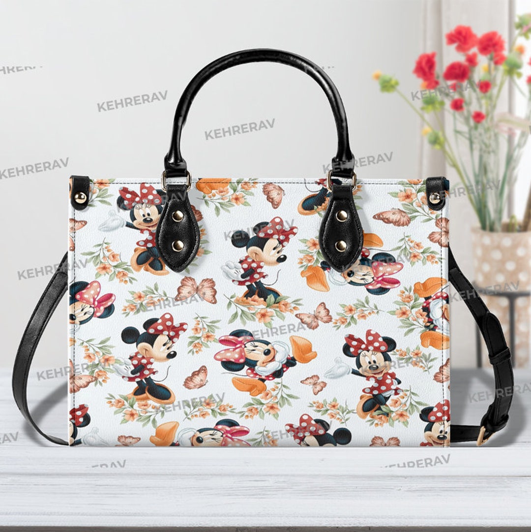 Custom Name Minnie Floral Leather Handbag, Custom Leather Bag, Woman ...