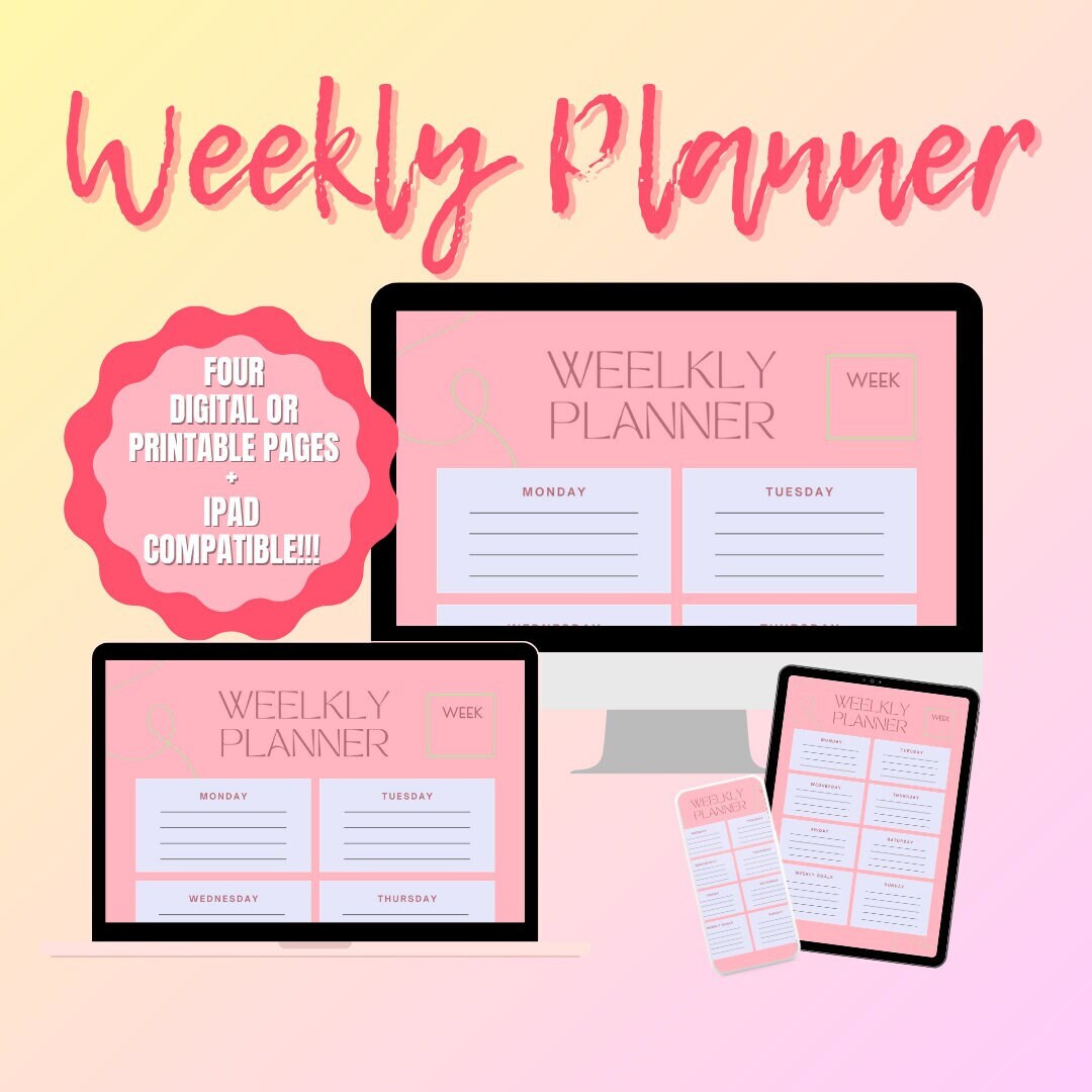 Weekly Planner Printable Digital Weekly Planner Pink Pink Weekly ...