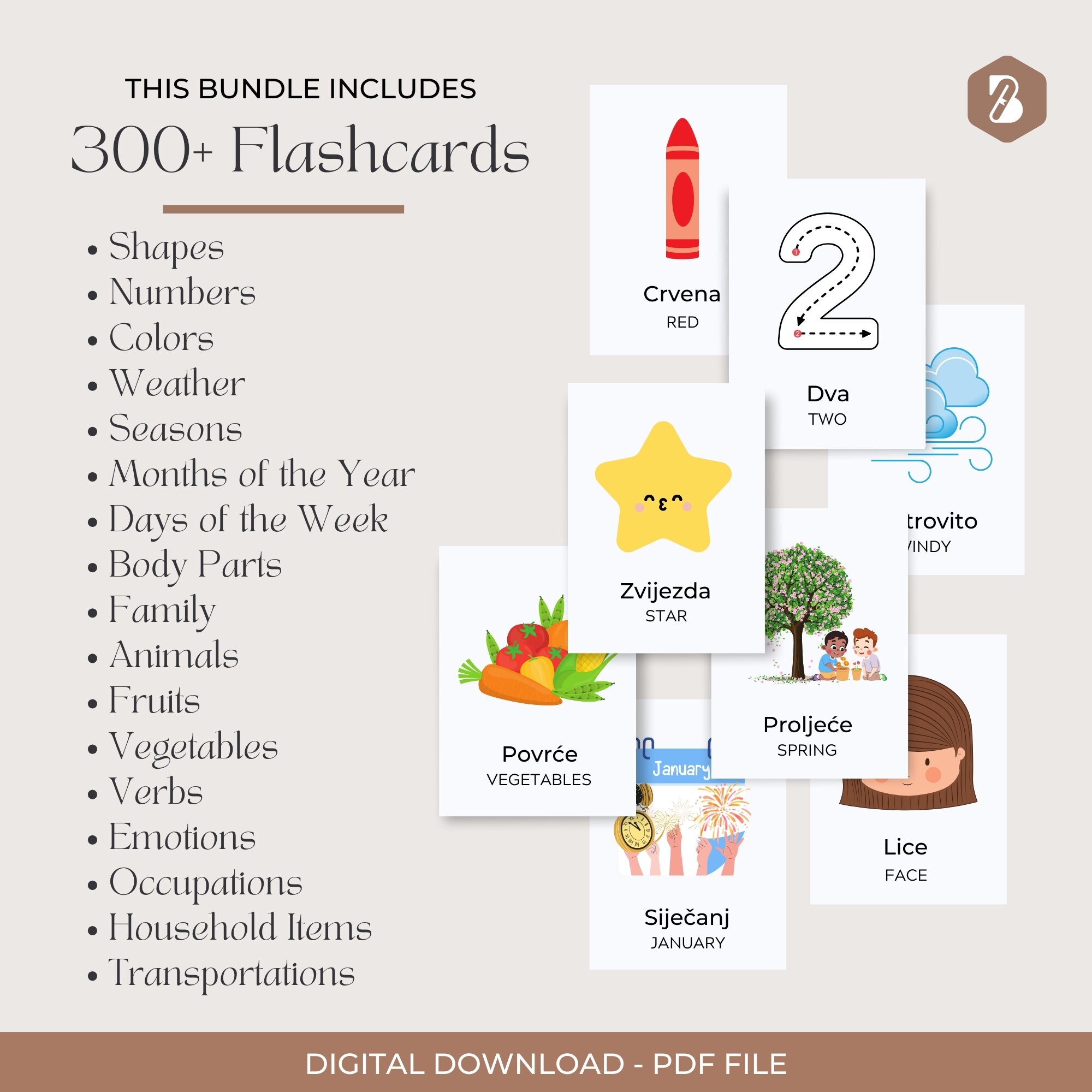 Bosnian Mega Bundle 300 Cards Flashcards Numbers Shapes Days Months ...