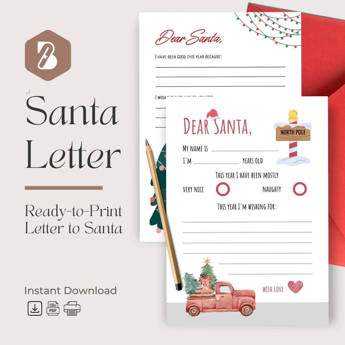 Santa Letter, Letter to Santa Printable, Santa Claus Letter, Ready-to ...