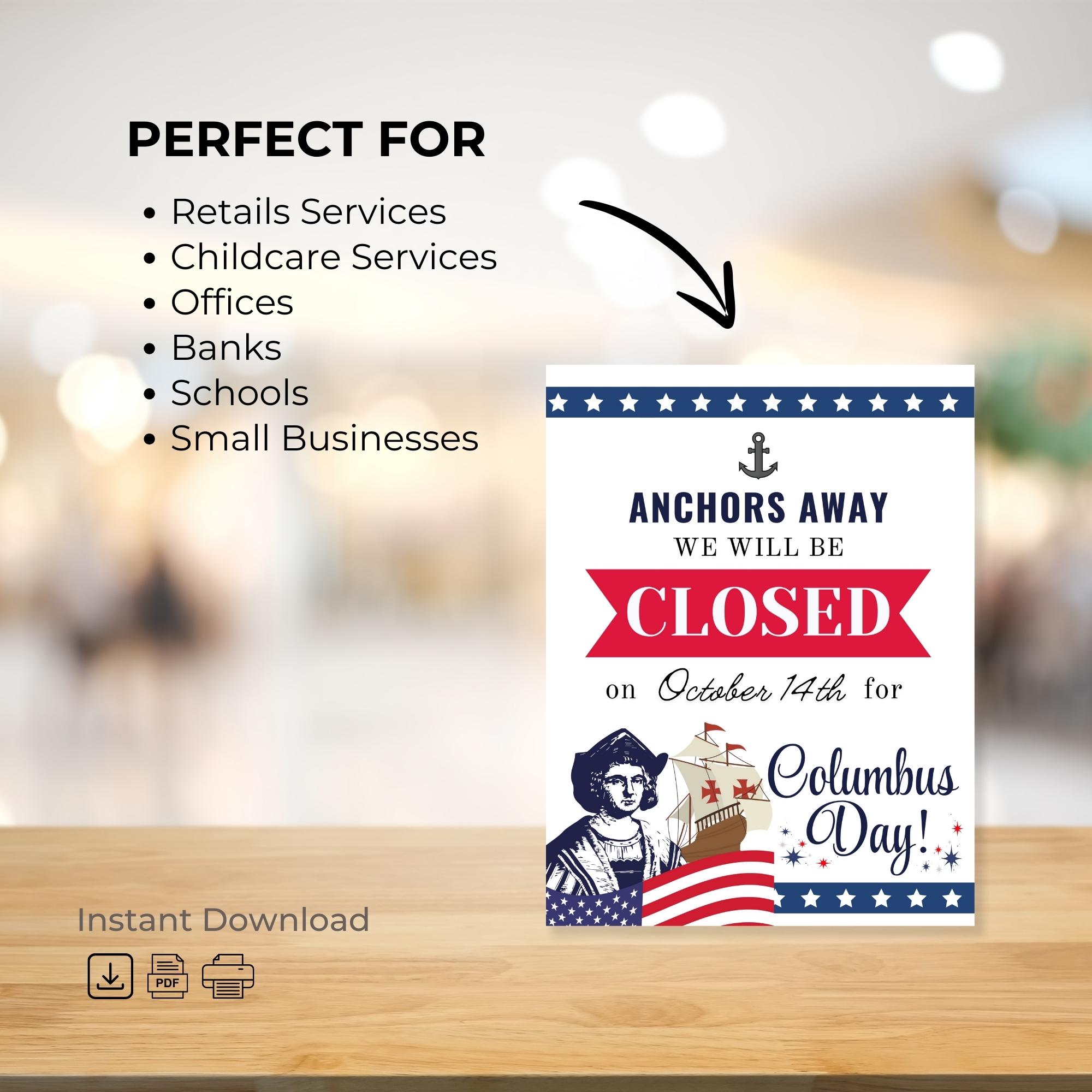 Closed for Columbus Day Store Sign, Columbus Day Sign, Printable Closed ...