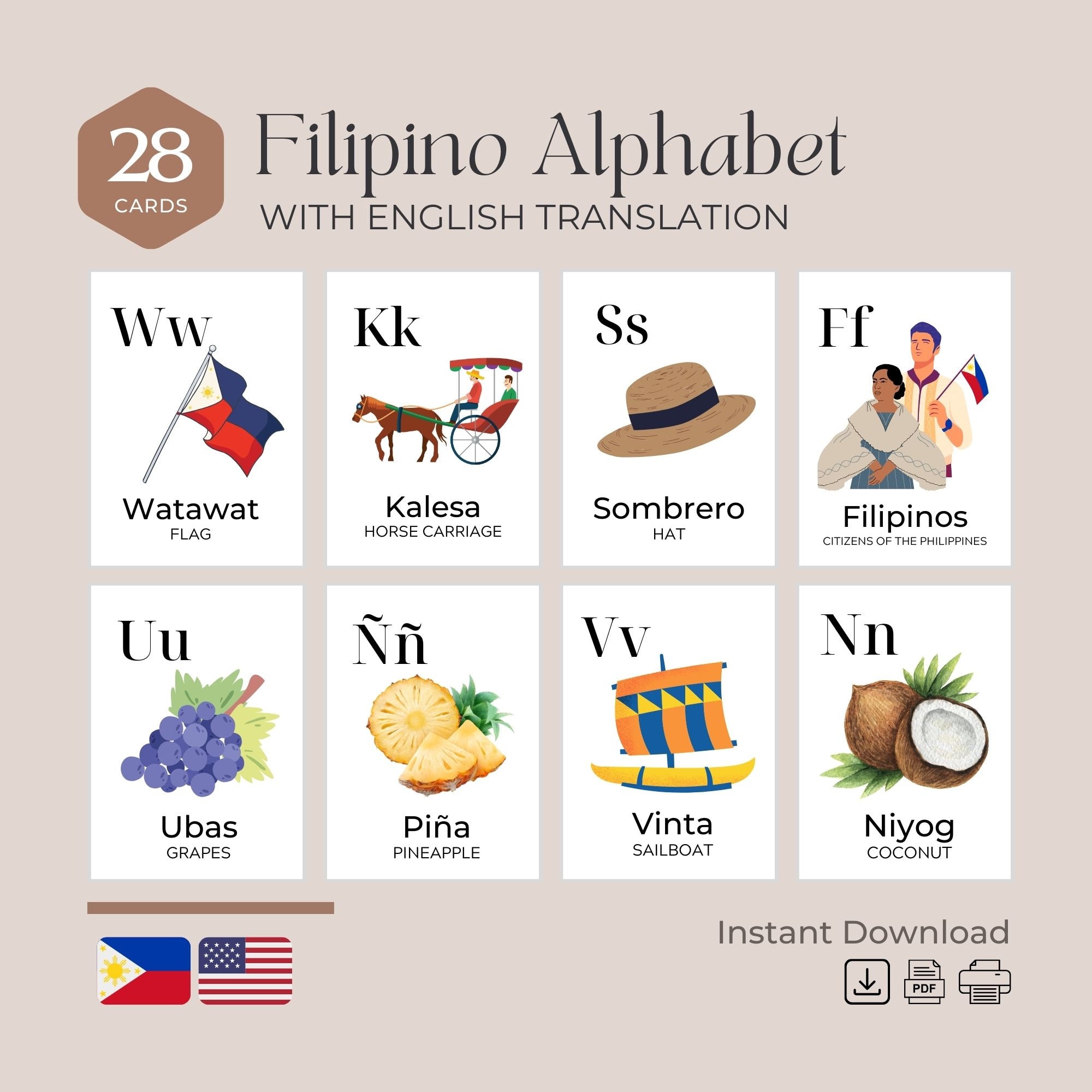 Filipino Alphabet 28 Cards Flashcards Tagalog Flashcards Alphabets With ...