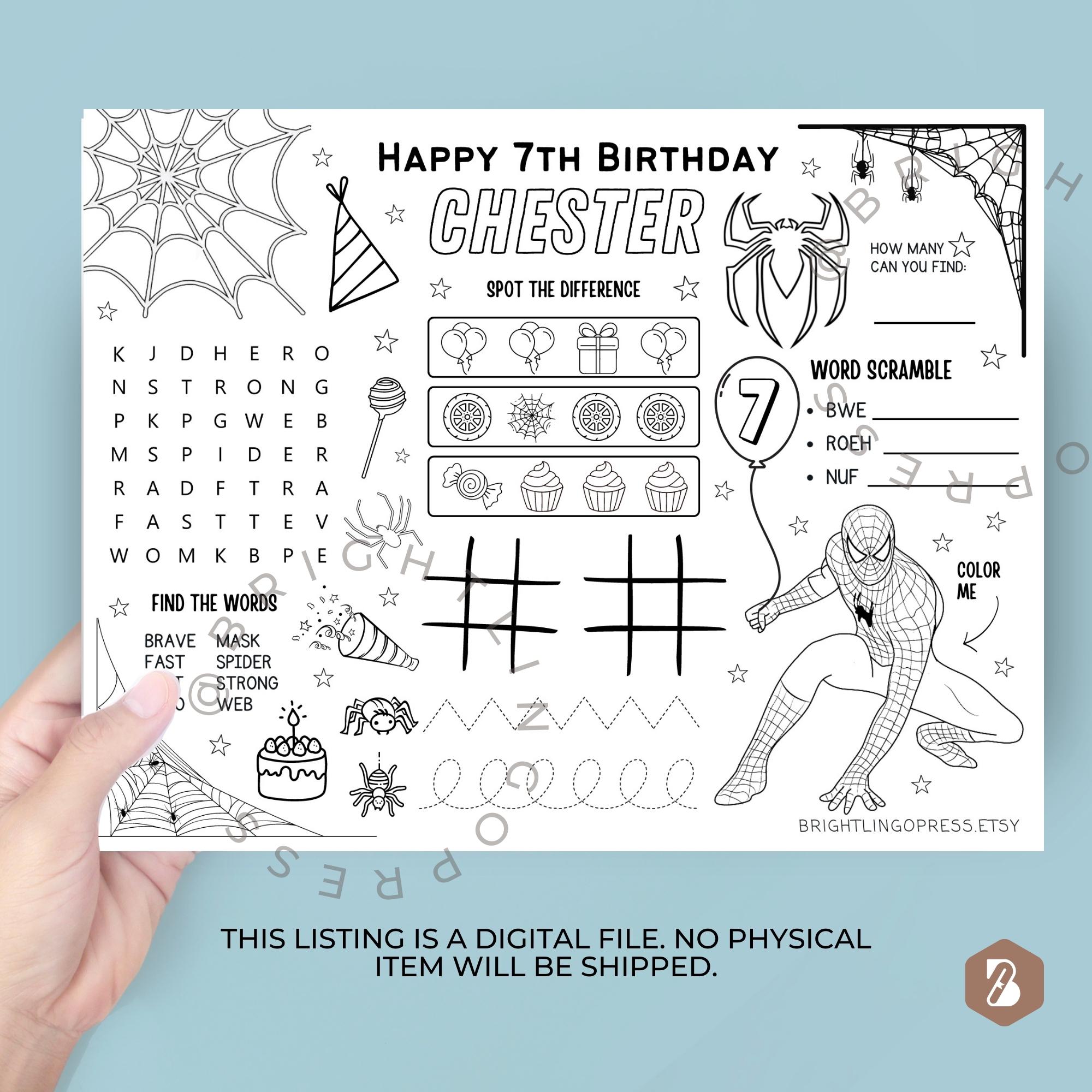 Mantel individual para colorear de cumpleaños de Spiderman imprimible ...