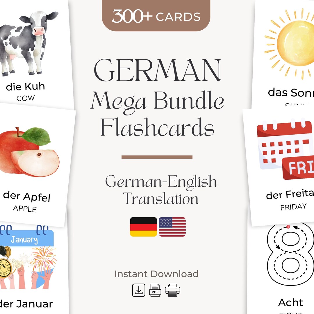 German Mega Bundle (300+ Cards) Flashcards | Numbers Shapes Days Months ...
