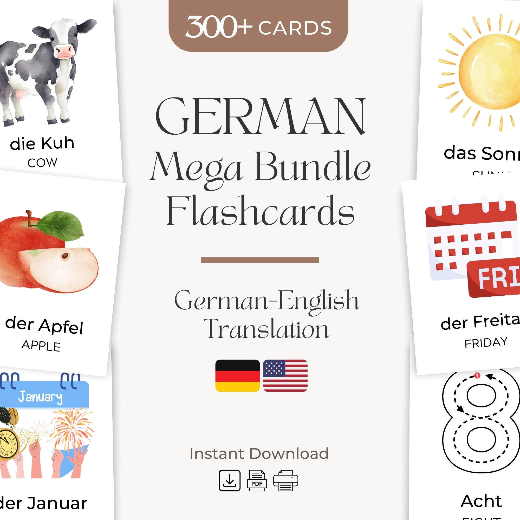 German Mega Bundle 300 Cards Flashcards Numbers Shapes Days Months ...
