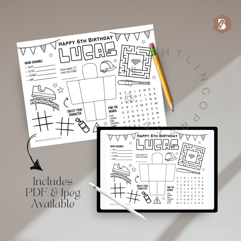 Printable Roblox Birthday Coloring Placemat Personalized Roblox Party ...