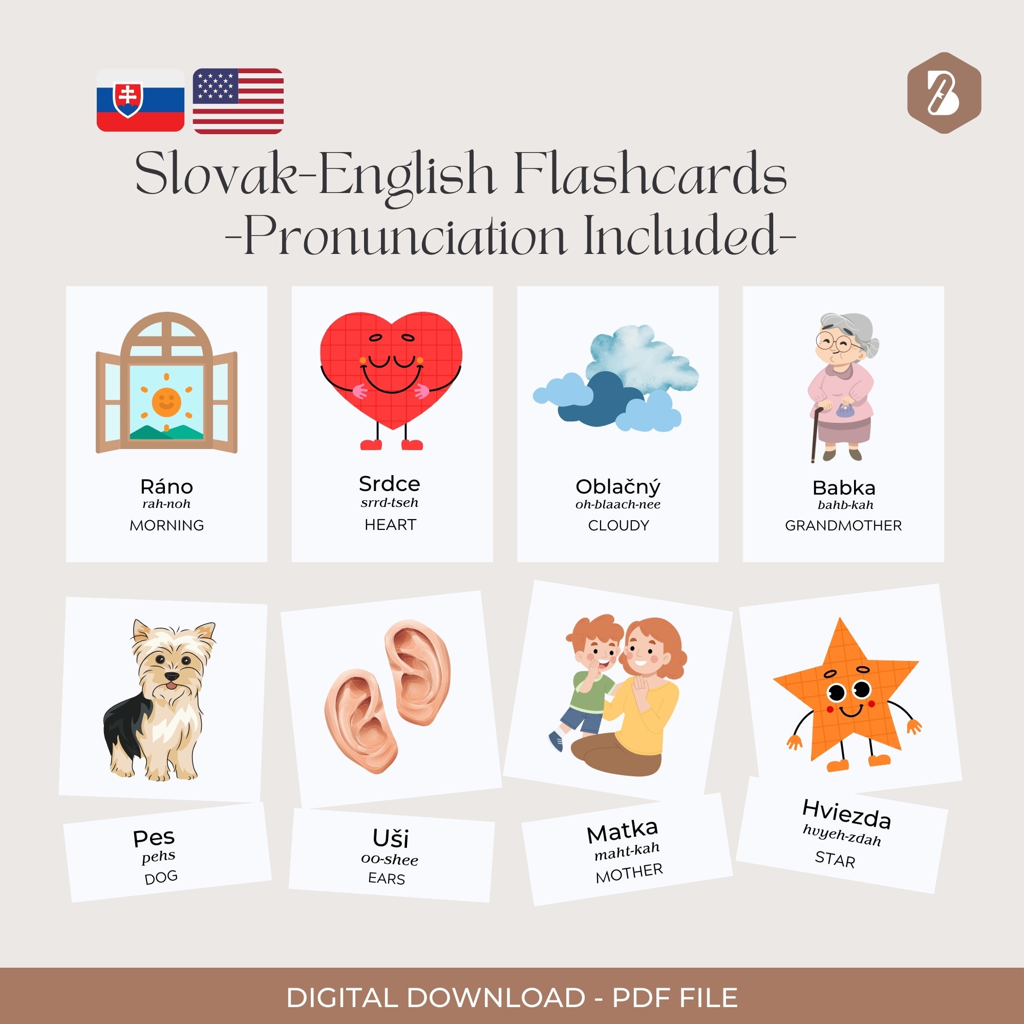 First Slovak Words Flashcards 72 Cards W/ English Translation Slovak ...