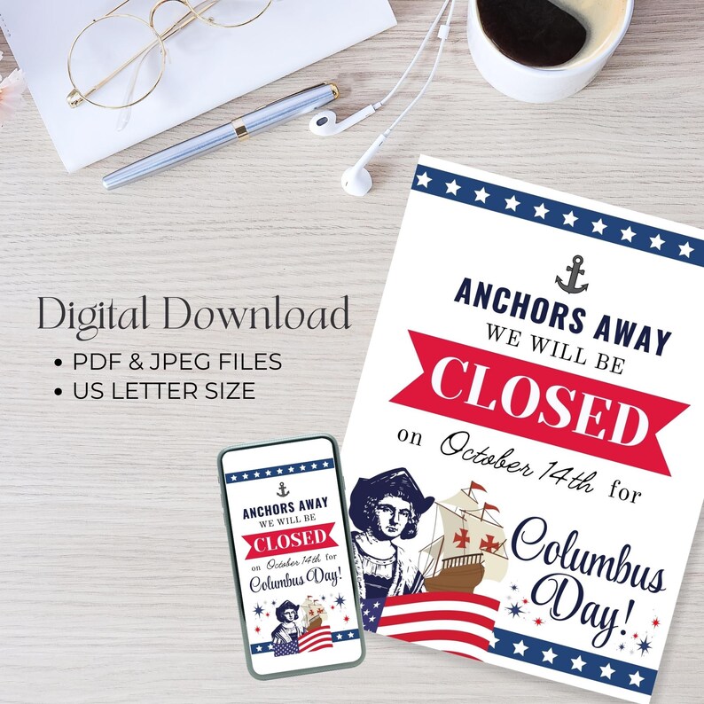 Closed for Columbus Day Store Sign, Columbus Day Sign, Printable Closed ...