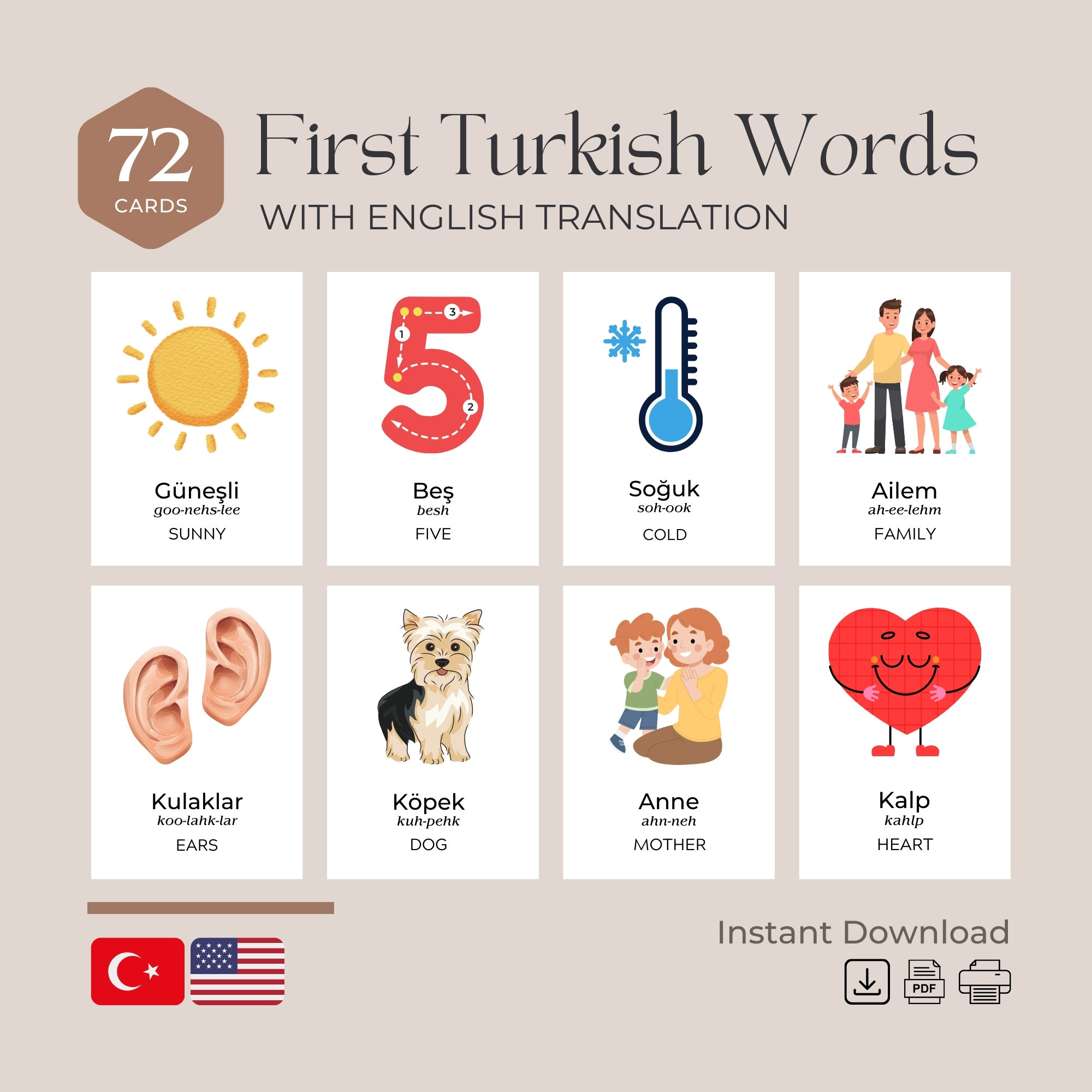 First Turkish Words Flashcards 72 Cards W/ English Translation Turkish ...