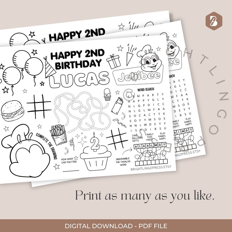 Printable Jollibee Birthday Coloring Placemat Personalized Jollibee ...