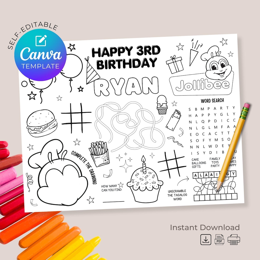 Editable Jollibee Birthday Coloring Placemat | Personalized Jollibee ...