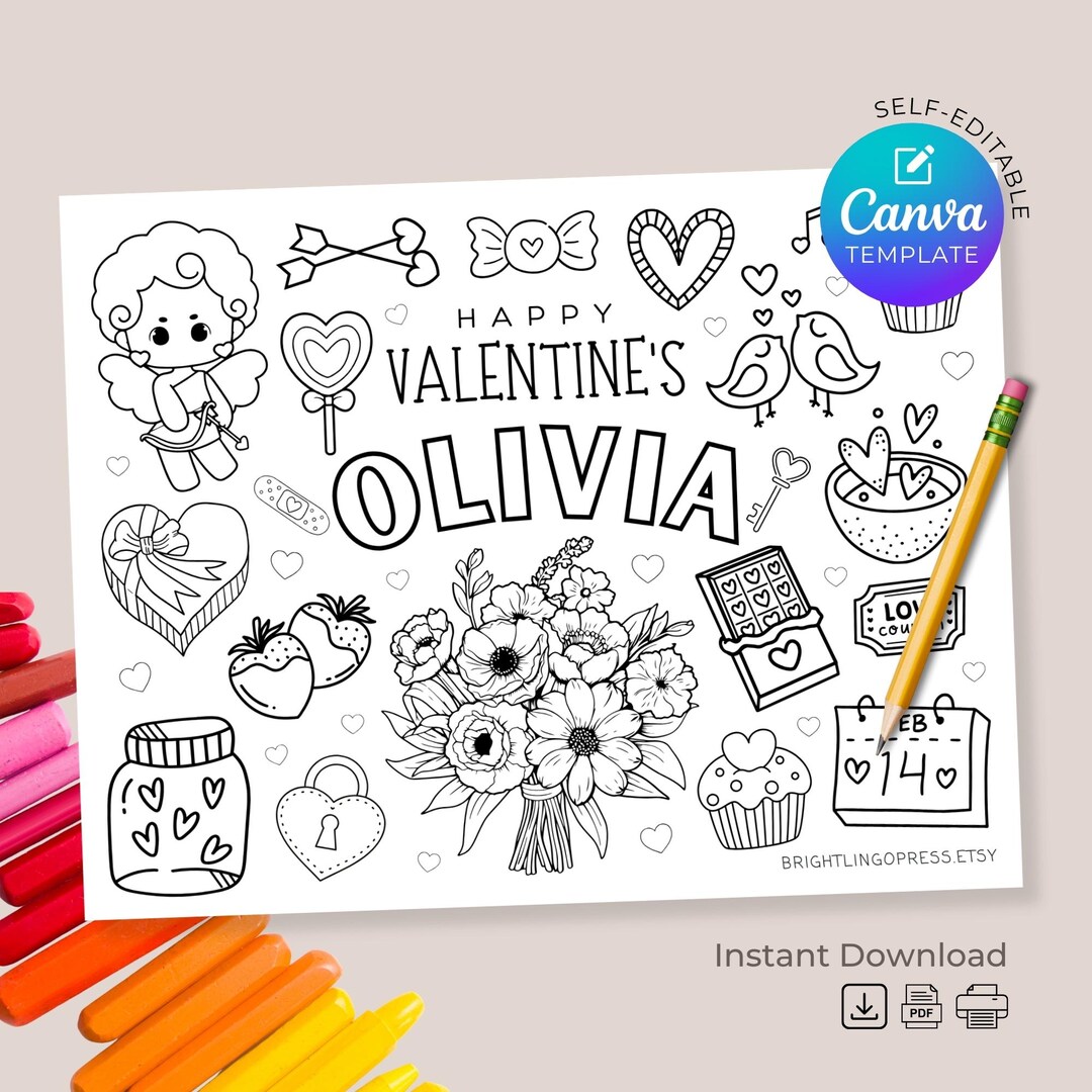 EDITABLE Valentine Coloring Sheet Personalized Valentine Placemat ...