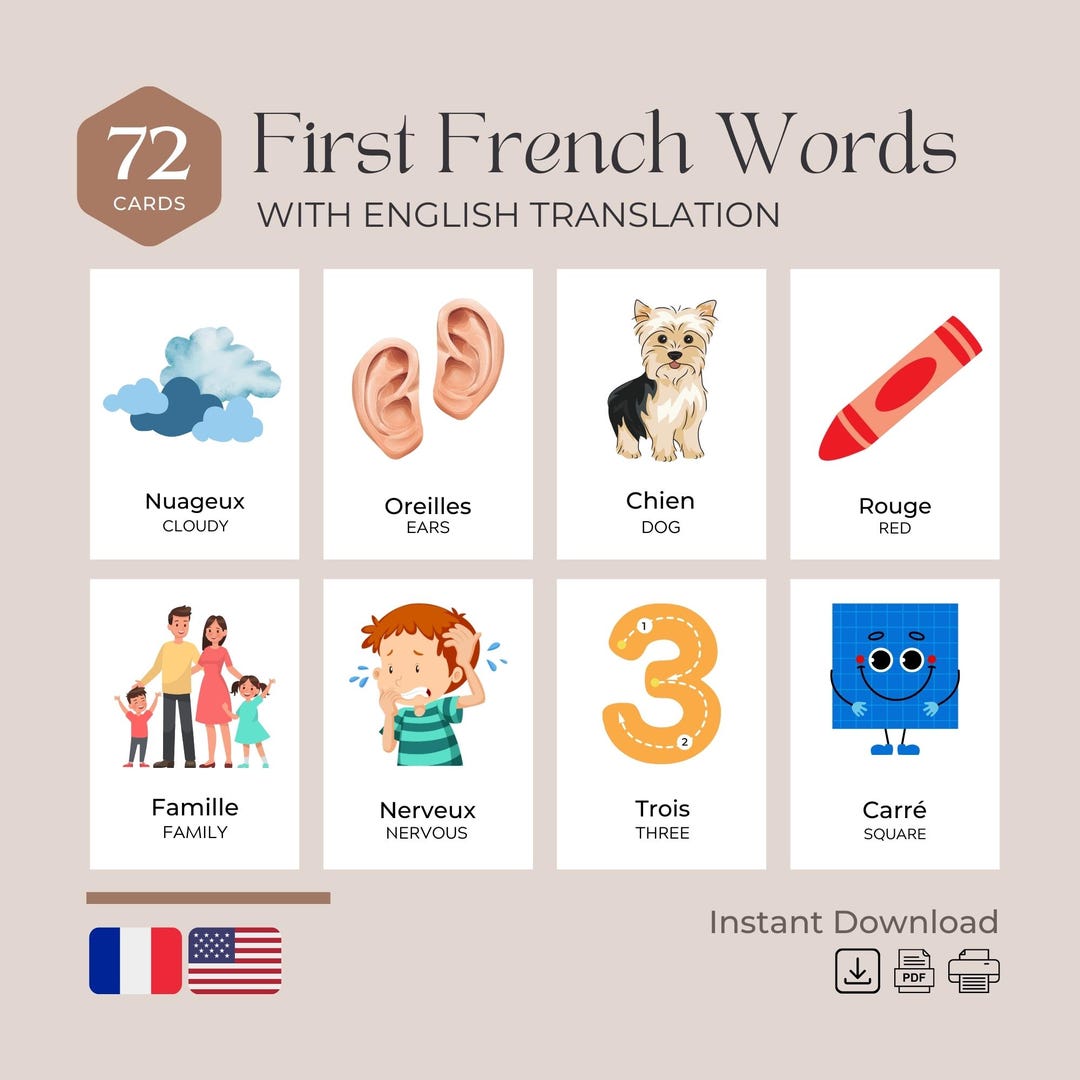 First French Words Flashcards (72 Cards) W/ English Translation ...
