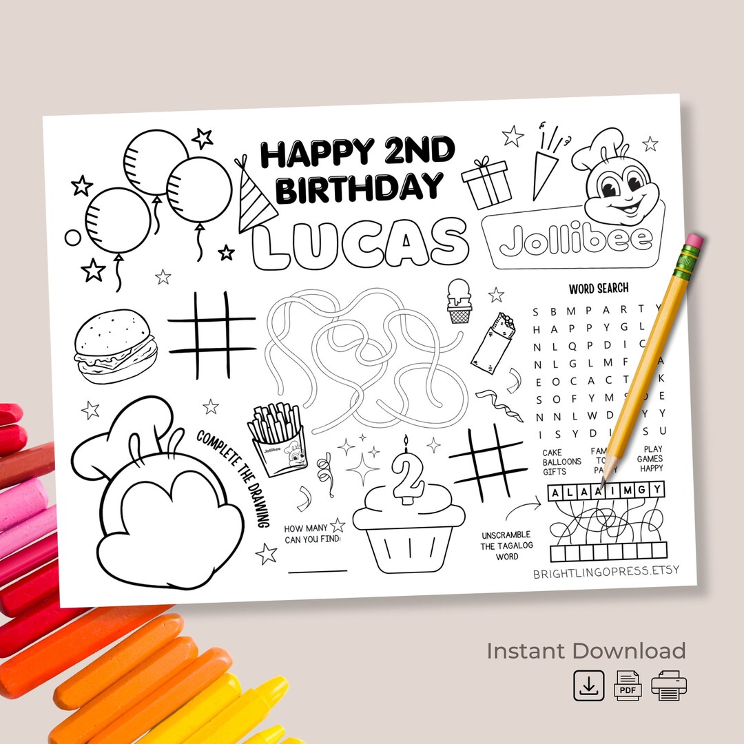 Printable Jollibee Birthday Coloring Placemat Personalized Jollibee ...