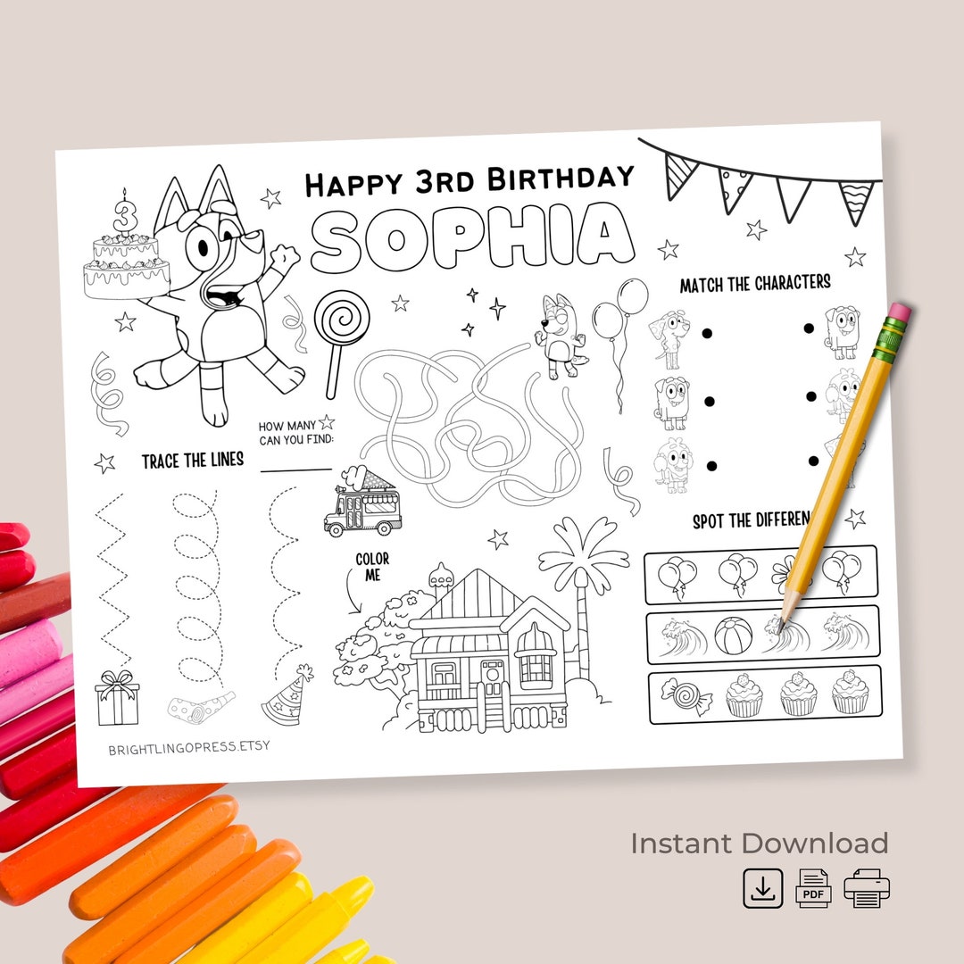 Printable Bluey Birthday Coloring Placemat Personalized Bluey Puzzle ...