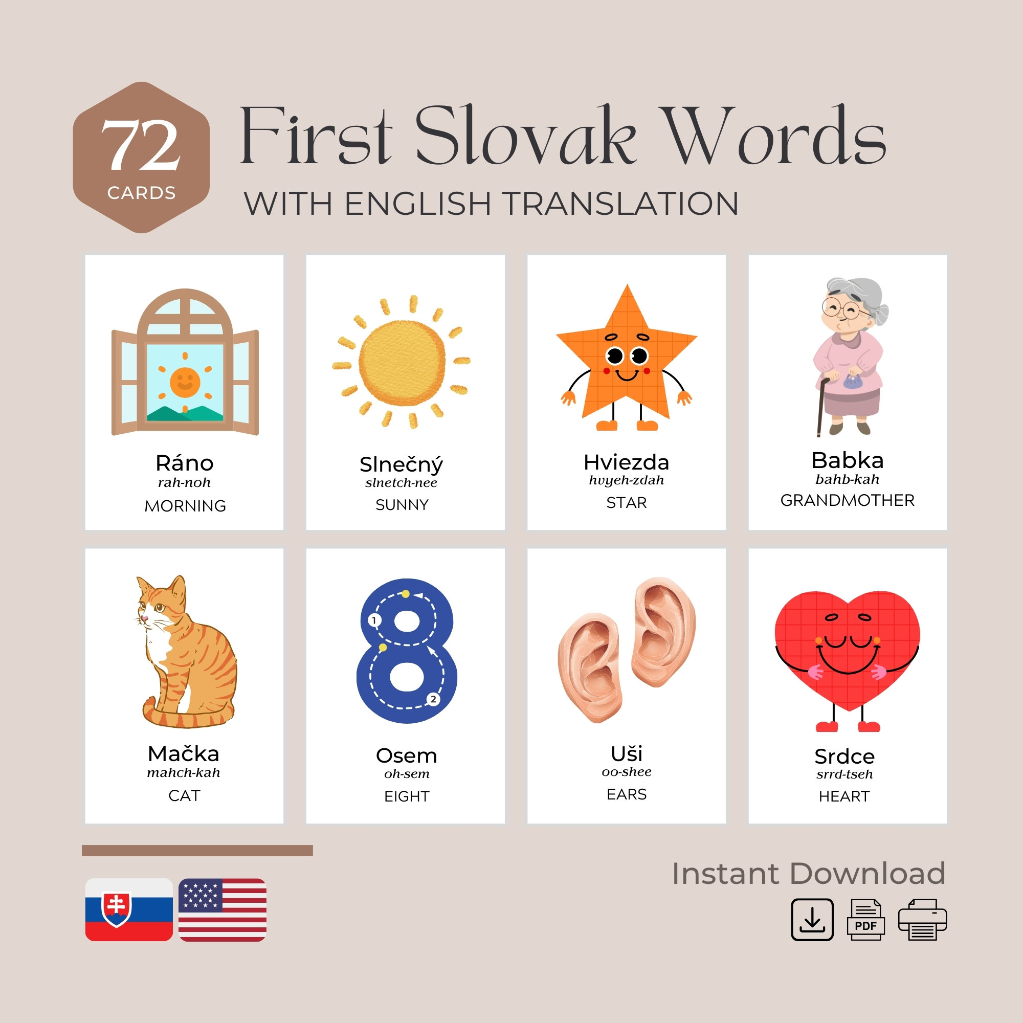 First Slovak Words Flashcards 72 Cards W/ English Translation Slovak ...