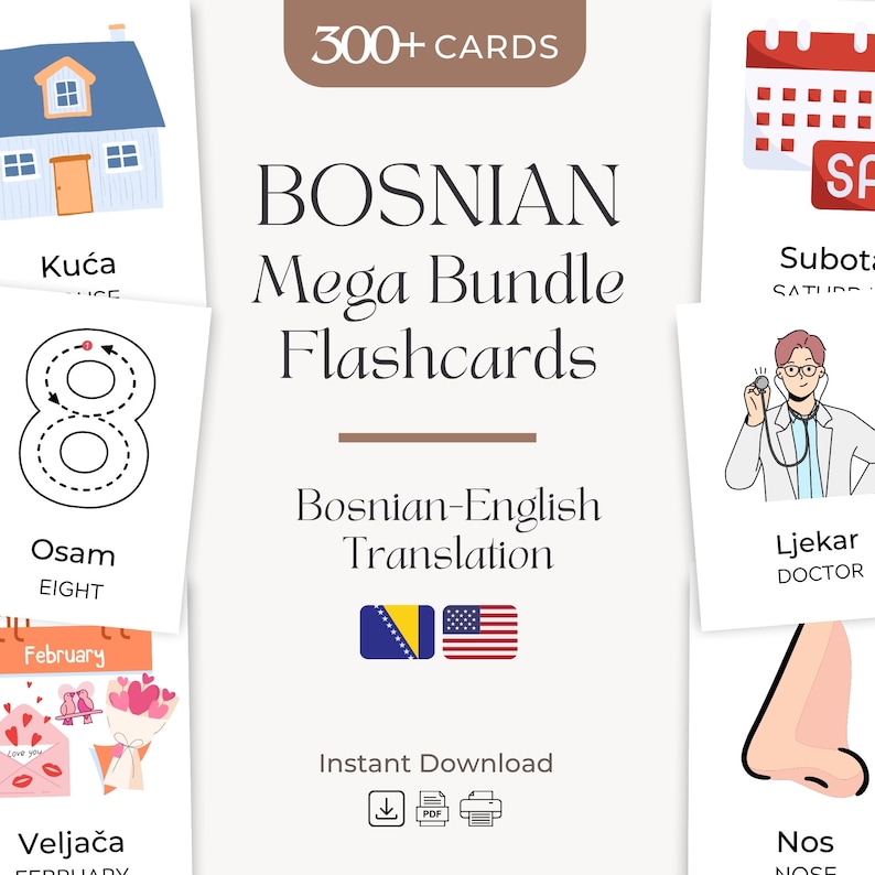 Bosnian Mega Bundle 300 Cards Flashcards Numbers Shapes Days Months ...