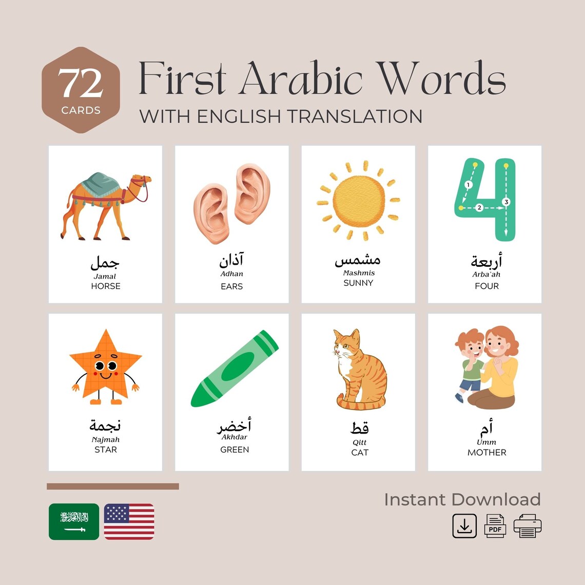 First Arabic Words Flashcards 72 Cards W/ English Translation Arabic ...
