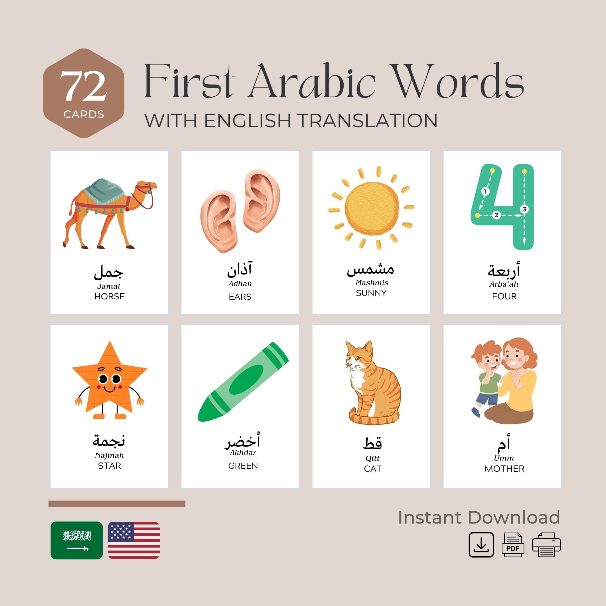 First Arabic Words Flashcards 72 Cards W/ English Translation Arabic ...