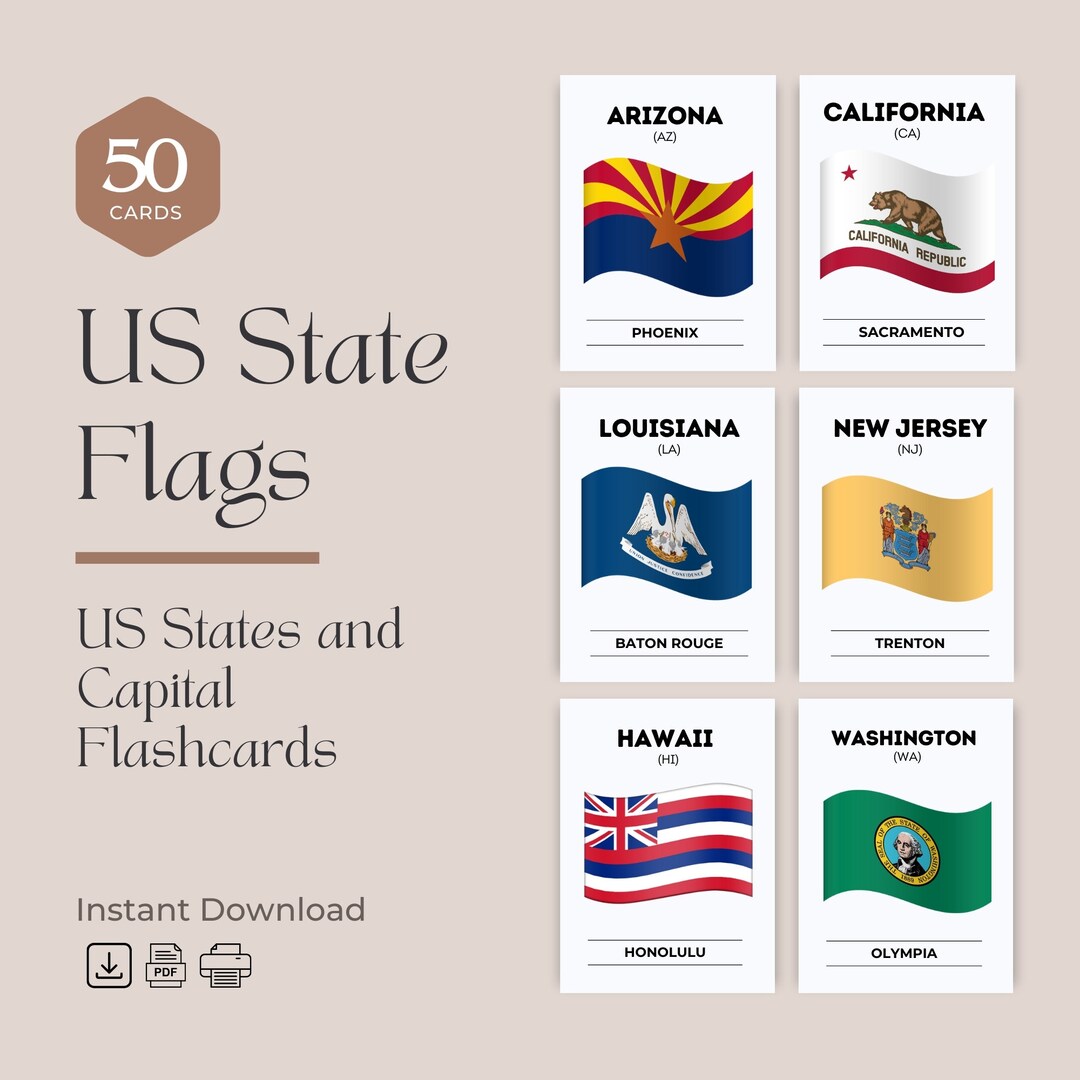 US State Flags Flashcards 50 Cards, 50 US States, State Flags, US State ...