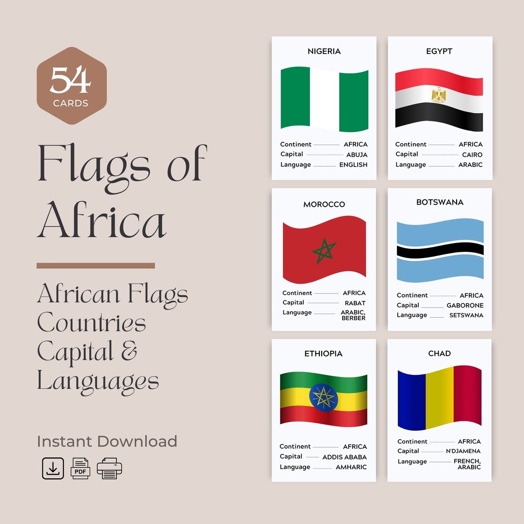 African Flags Flashcards (54 Cards), African Countries, African Capital ...