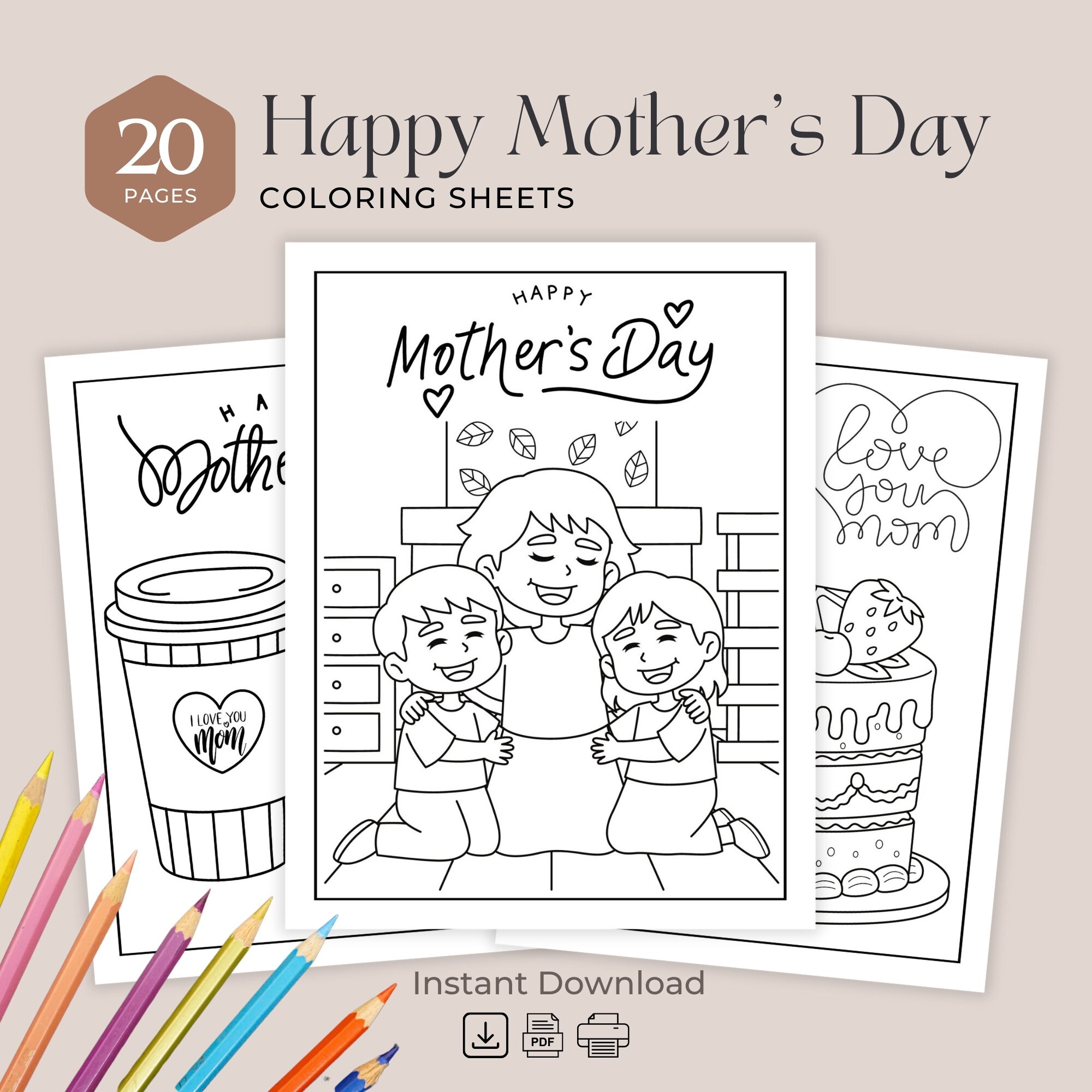 Mother's Day Coloring Pages 20 Sheets Printables Gift for Mom Happy ...