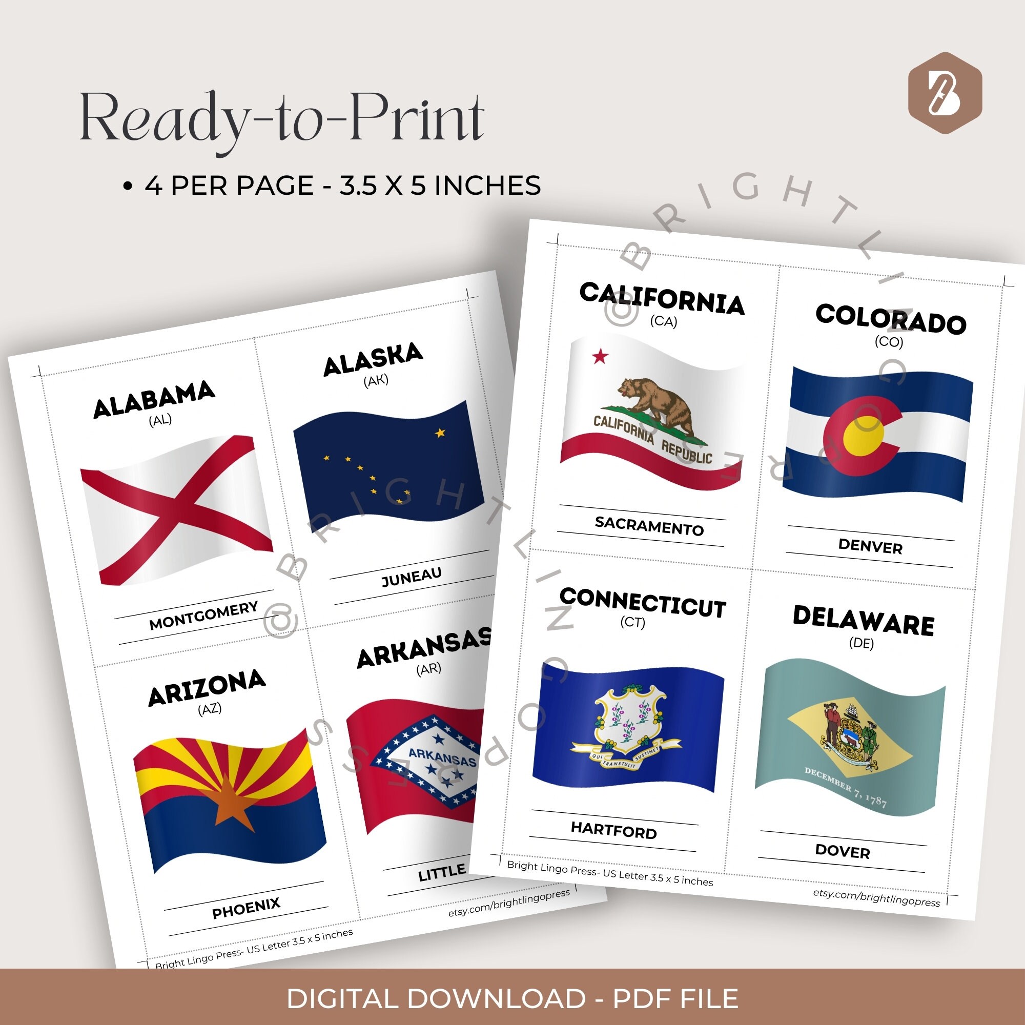 US State Flags Flashcards 50 Cards, 50 US States, State Flags, US State ...