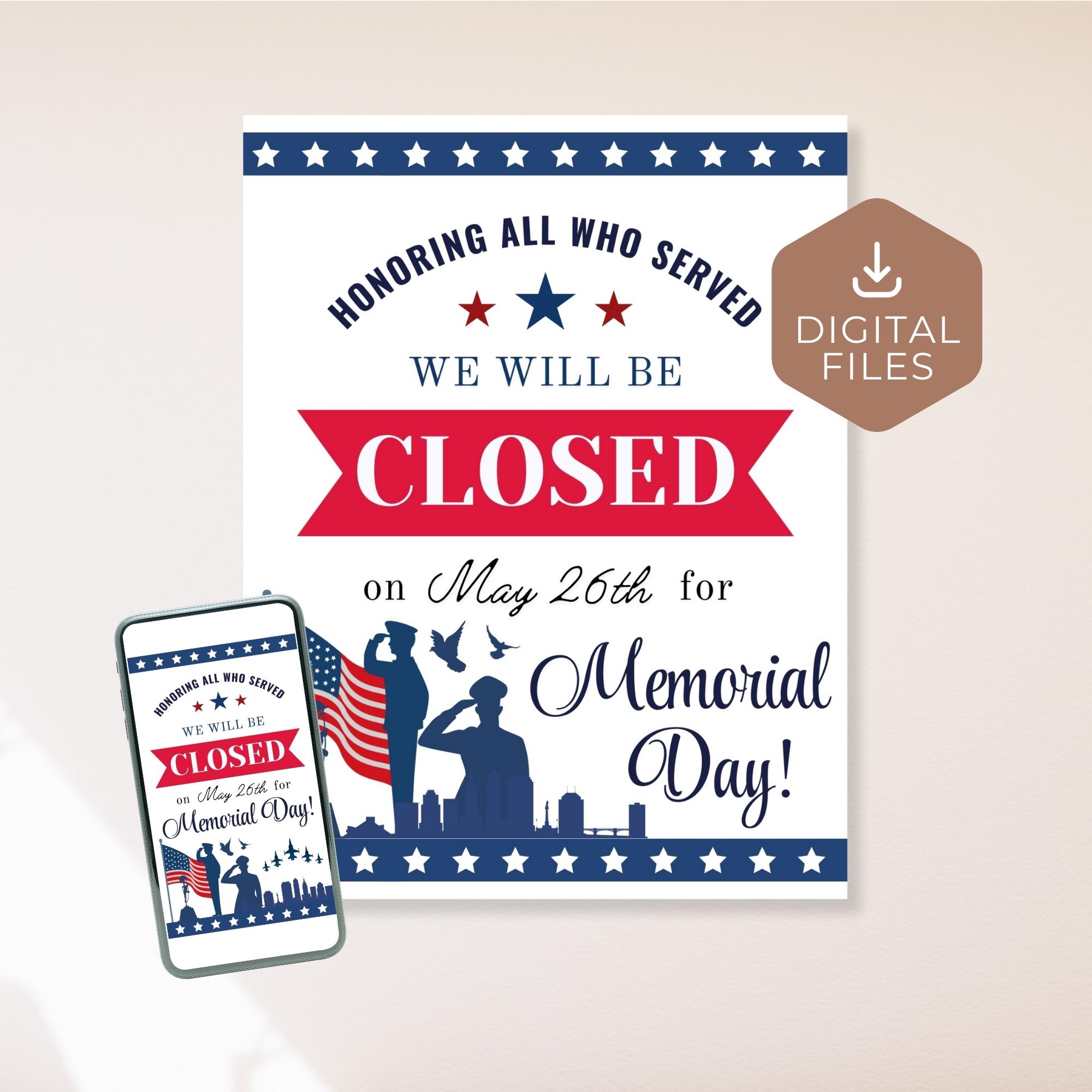 Closed for Memorial Day Store Sign, Memorial Day Sign, Printable Closed ...