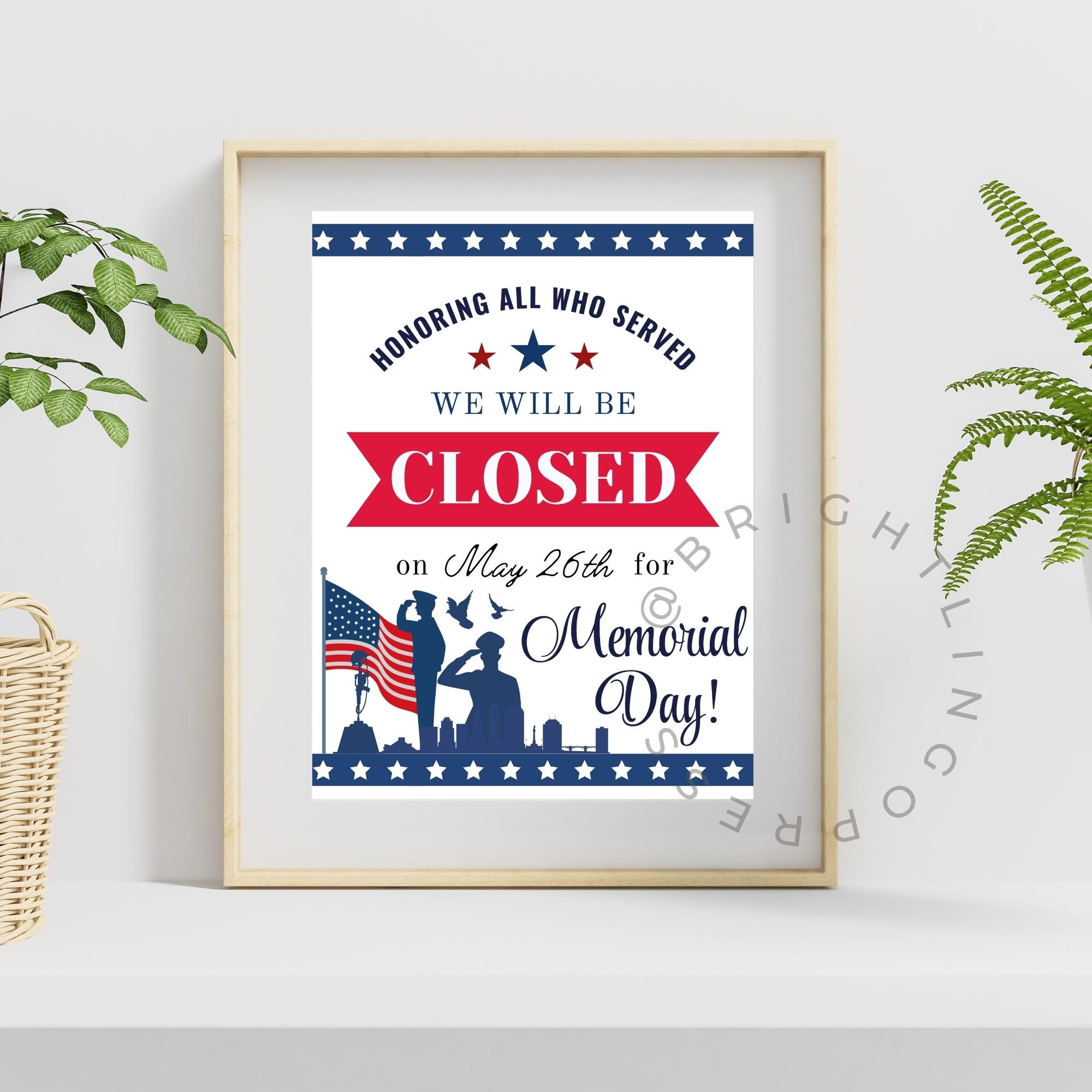 Closed for Memorial Day Store Sign, Memorial Day Sign, Printable Closed ...