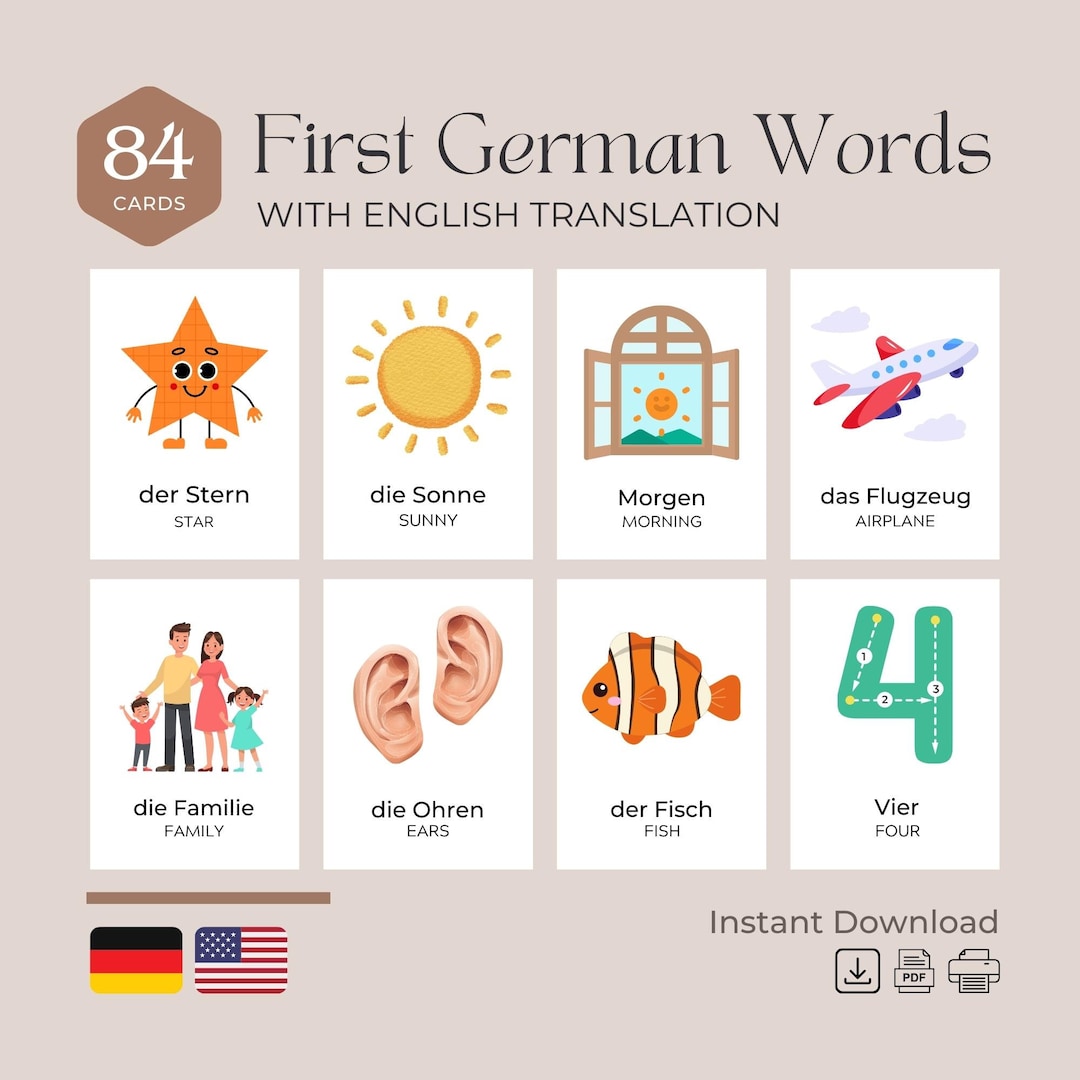 First German Words Flashcards (84 Cards) W/ English Translation ...