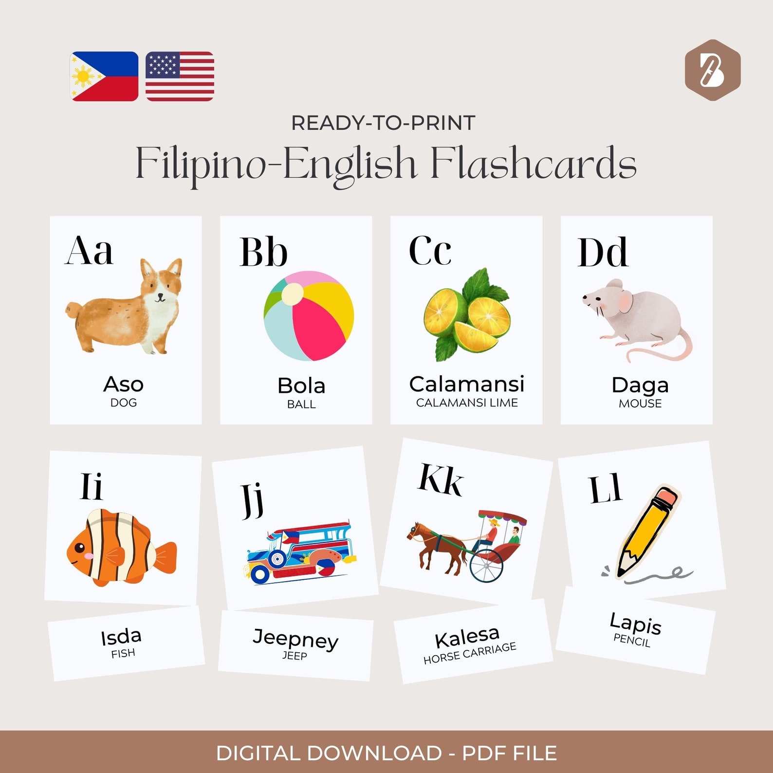 Filipino Alphabet 28 Cards Flashcards Tagalog Flashcards Alphabets With ...
