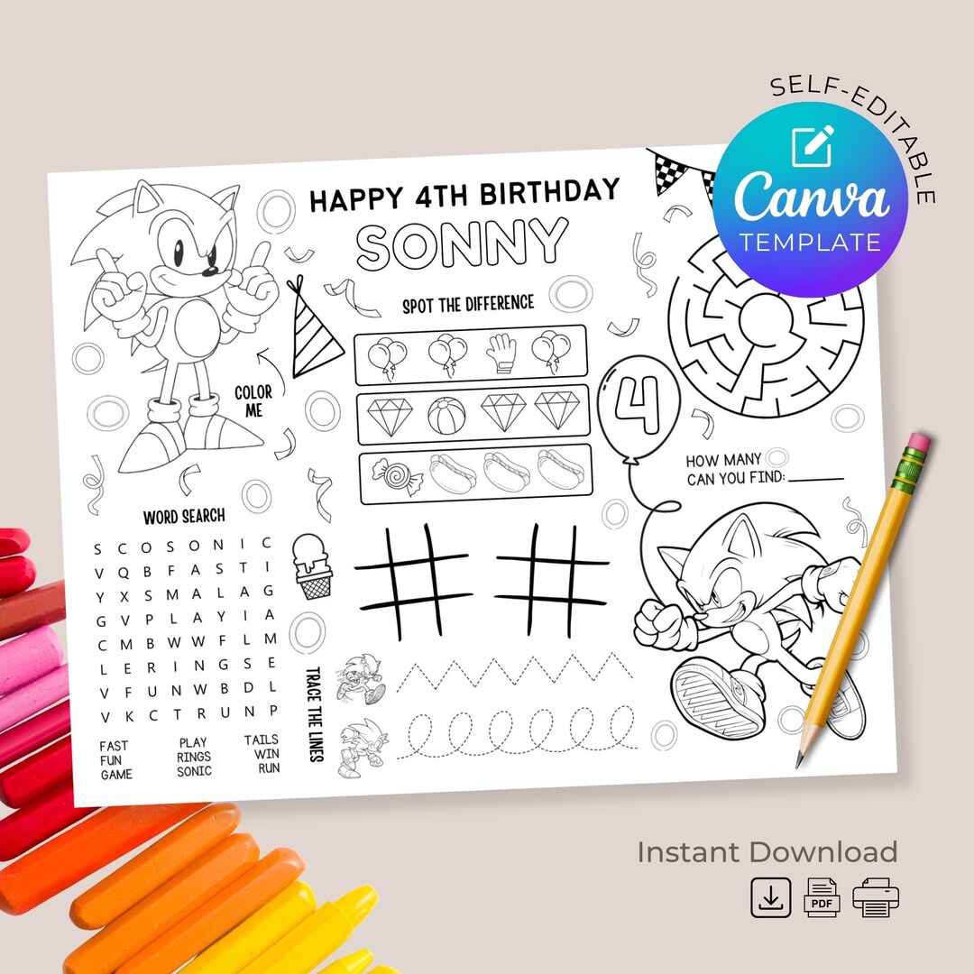 Editable Sonic Birthday Coloring Placemat Personalized Sonic Puzzle ...