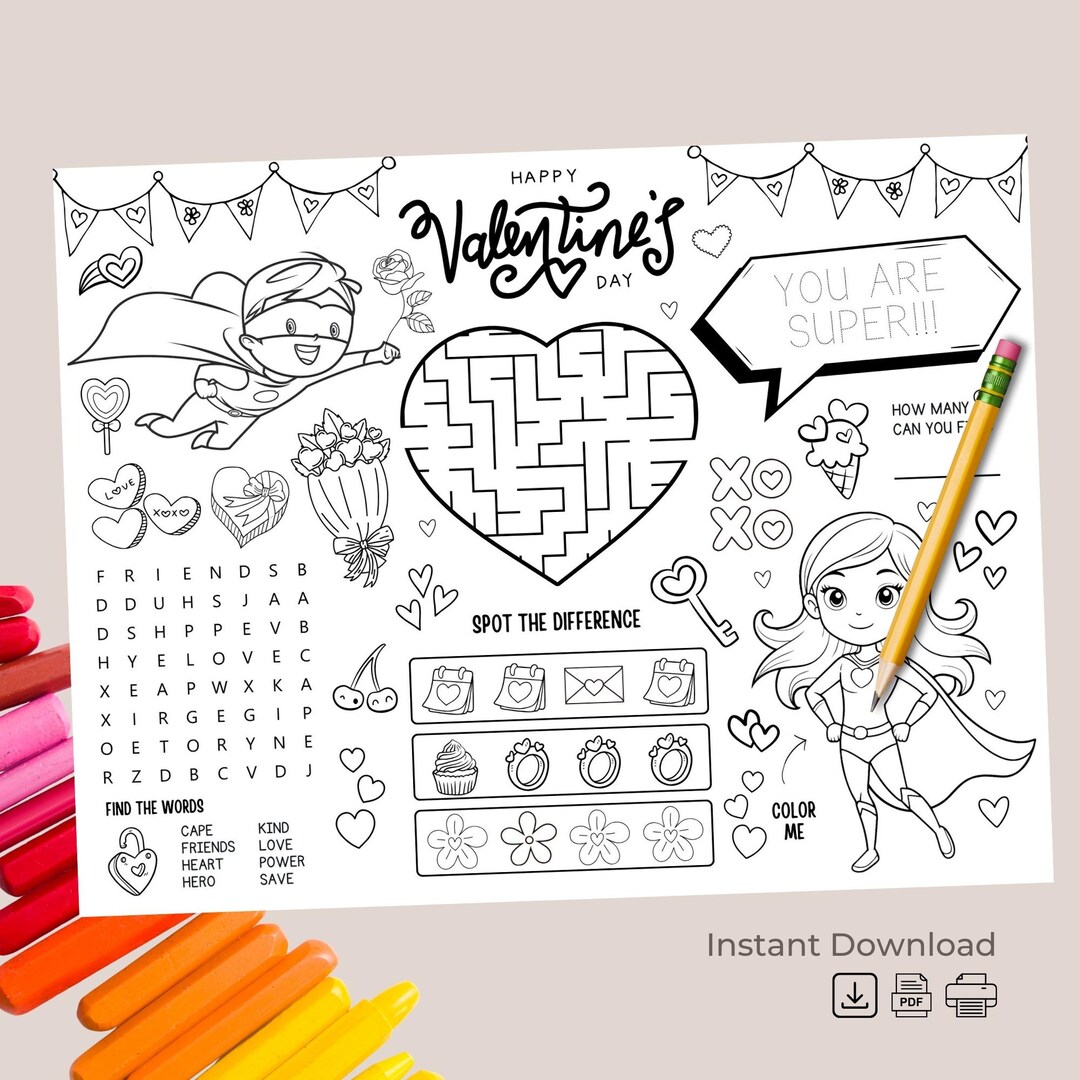 Superhero Valentine's Day Coloring Placemat | Superhero Valentines ...