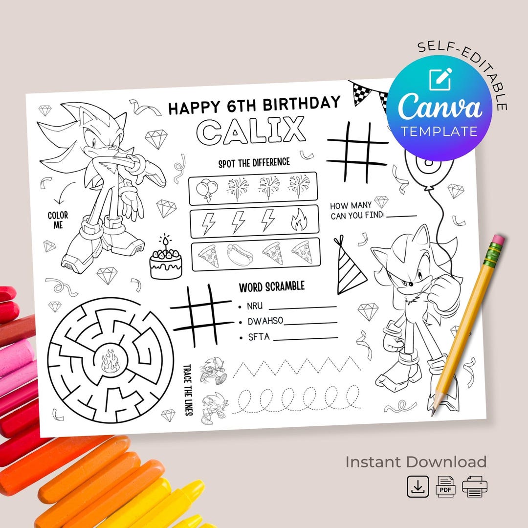 Editable Shadow the Hedgehog Coloring Placemat | Personalized Sonic ...